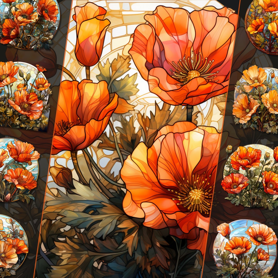 Stained Glass California Poppy Clipart Bundle - Floral Illustrations ...