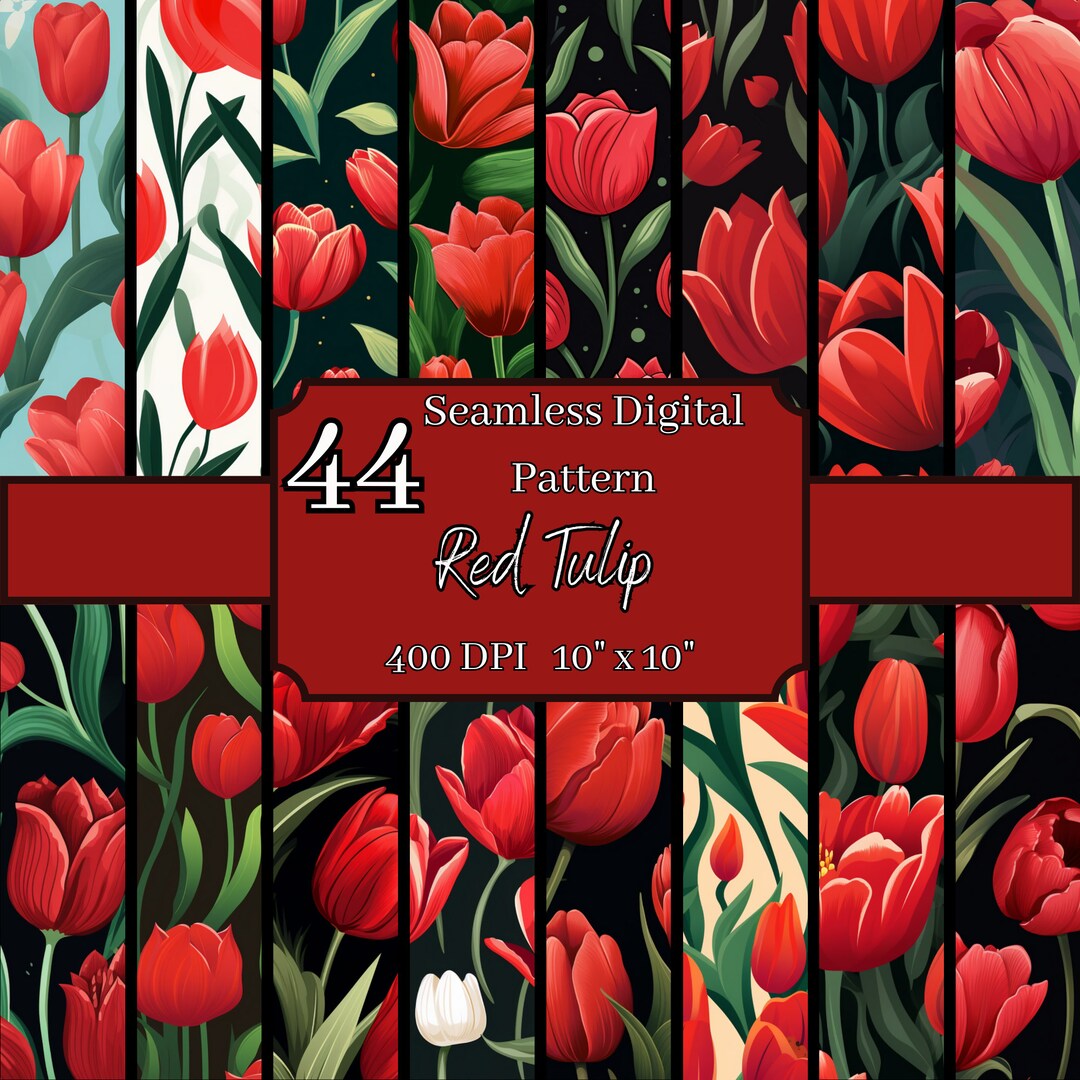Red Tulip Seamless Patterns Bundle, High-resolution 400 DPI, 10x10 Inch ...