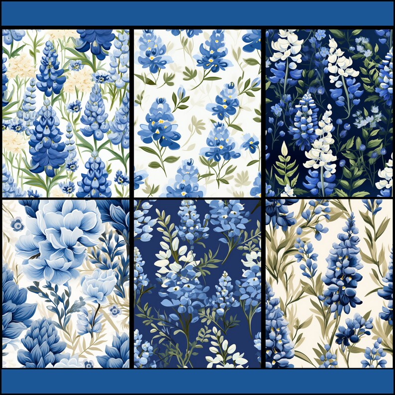 Bluebonnet Seamless Patterns Bundle, Rich 400 DPI, 10x10 Inch Floral ...