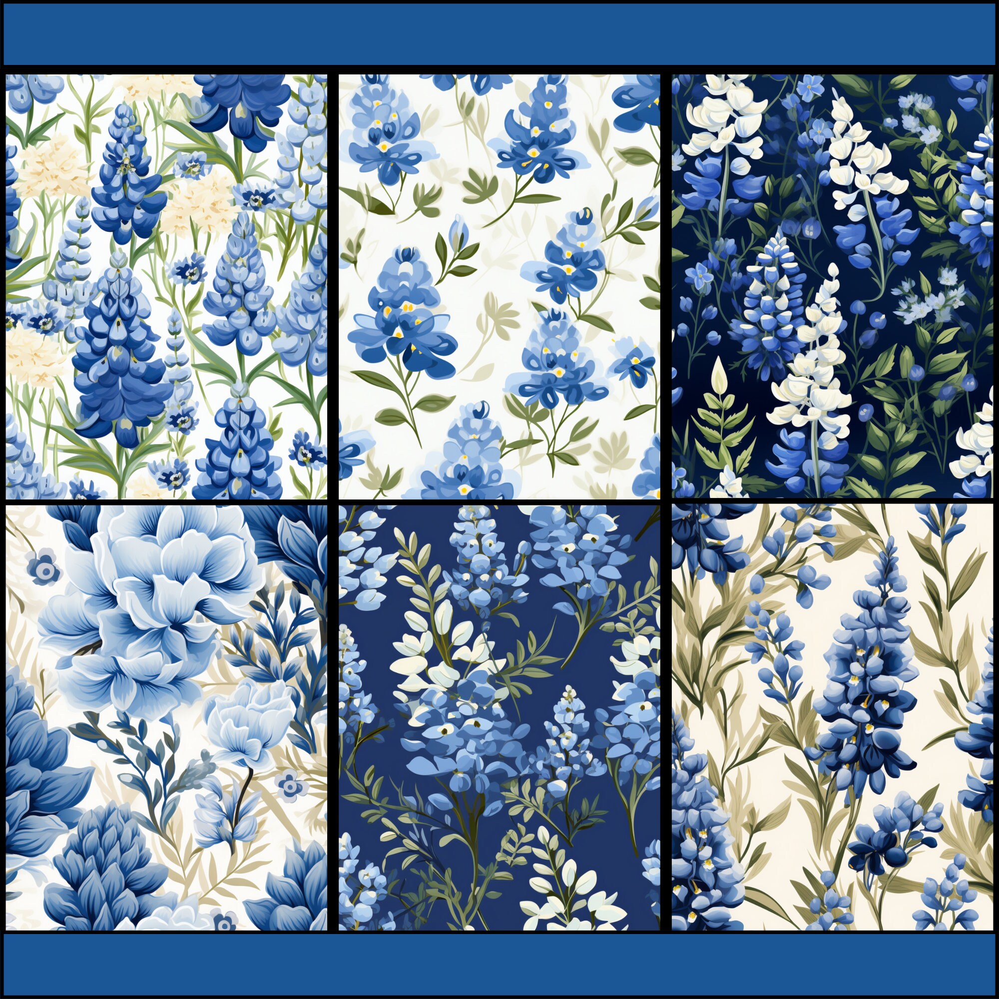 Bluebonnet Seamless Patterns Bundle, Rich 400 DPI, 10x10 Inch Floral ...