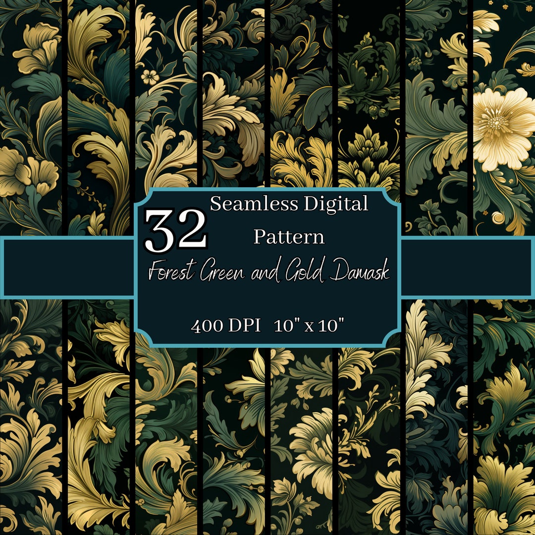 Forest Green and Gold Damask Seamless Patterns Bundle, 400 DPI, 10x10 ...