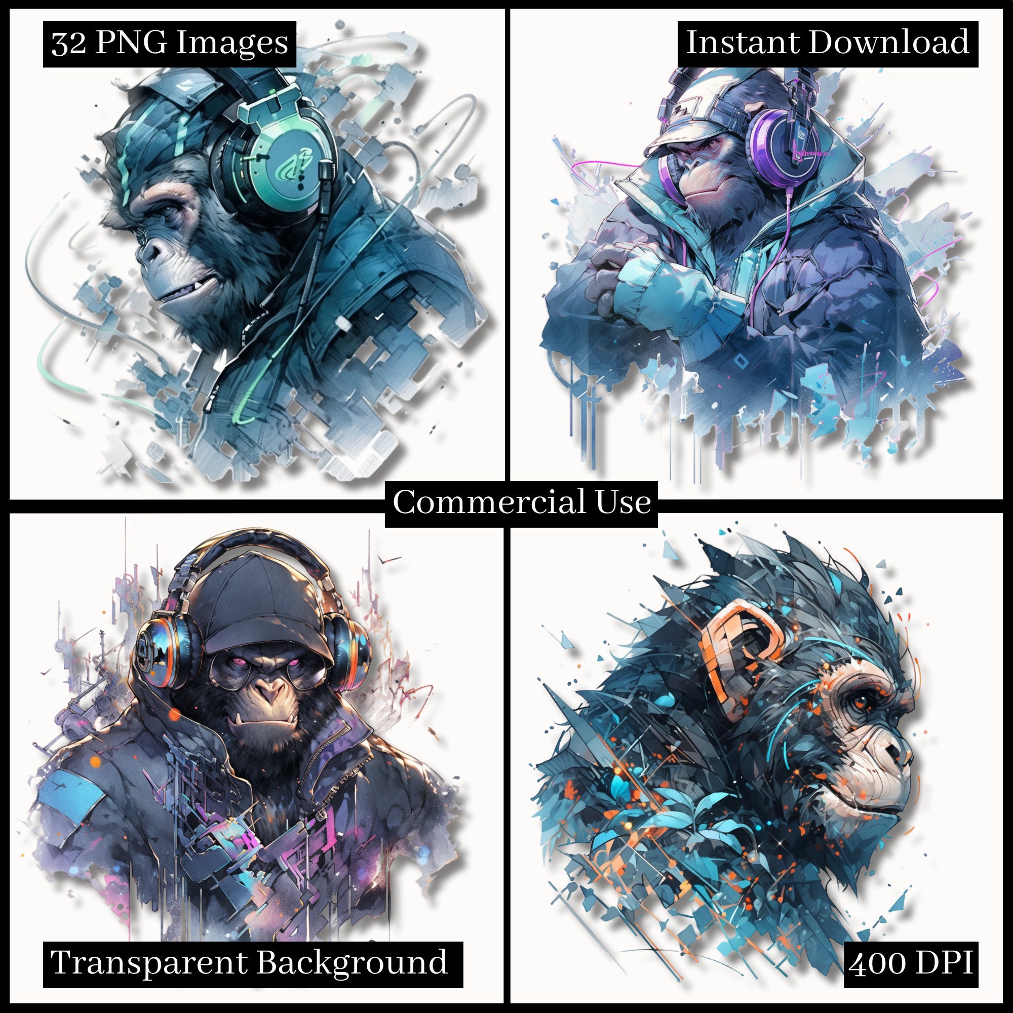 Cyberpunk Chimpanzee Clipart Bundle, PNG, for Digital Art, Junk Journal ...