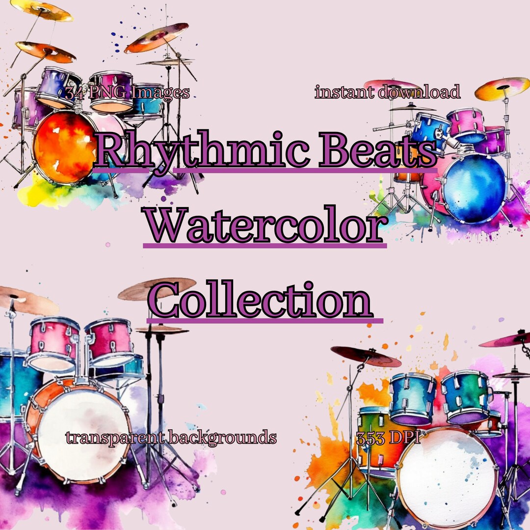 Drum Set Clipart Rhythmic Beats Watercolor Collection - Detailed Drum ...