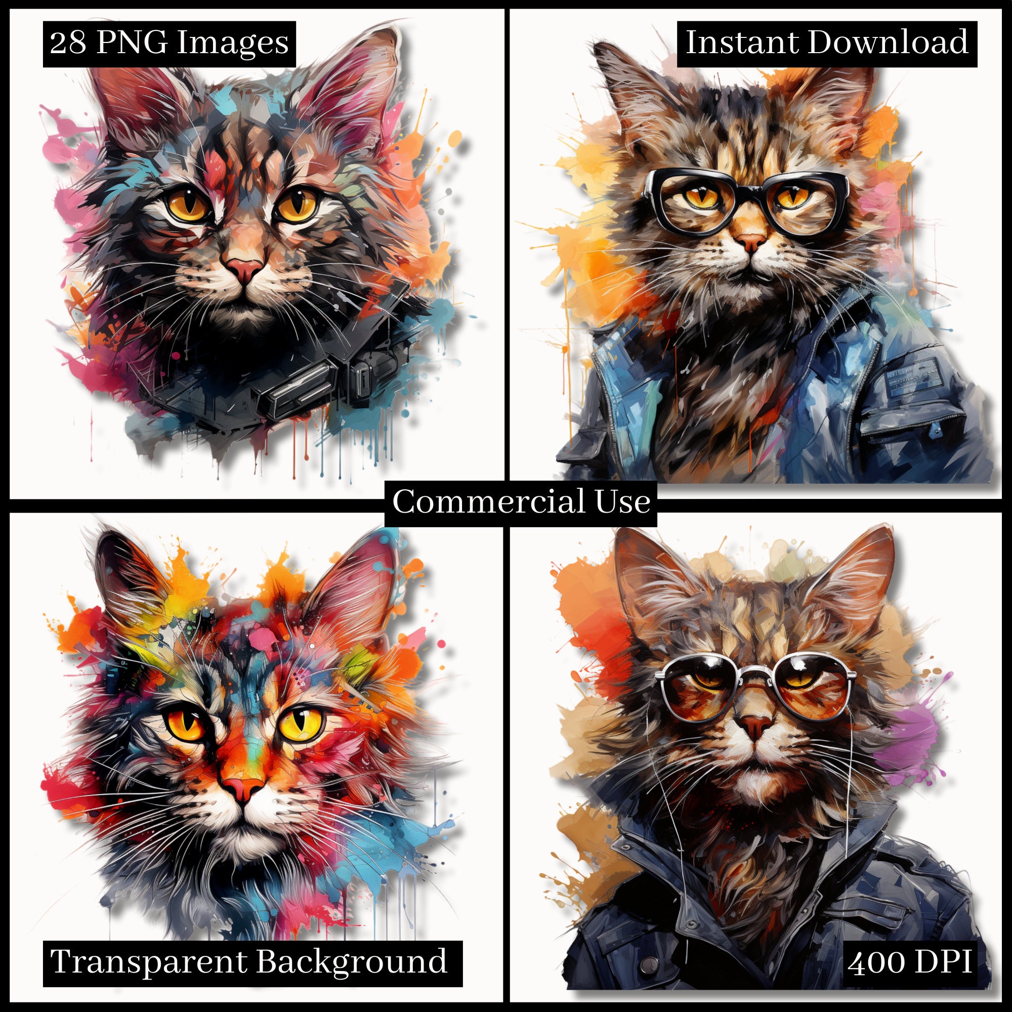 Punk Rock Cat Clipart Bundle, PNG, Ideal for Digital Art, Junk Journal ...