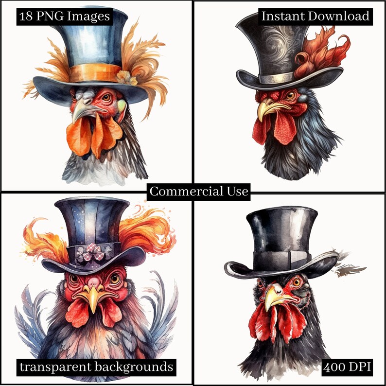 Roosters in Top Hats Clipart Collection PNG Graphics for DIY - Etsy