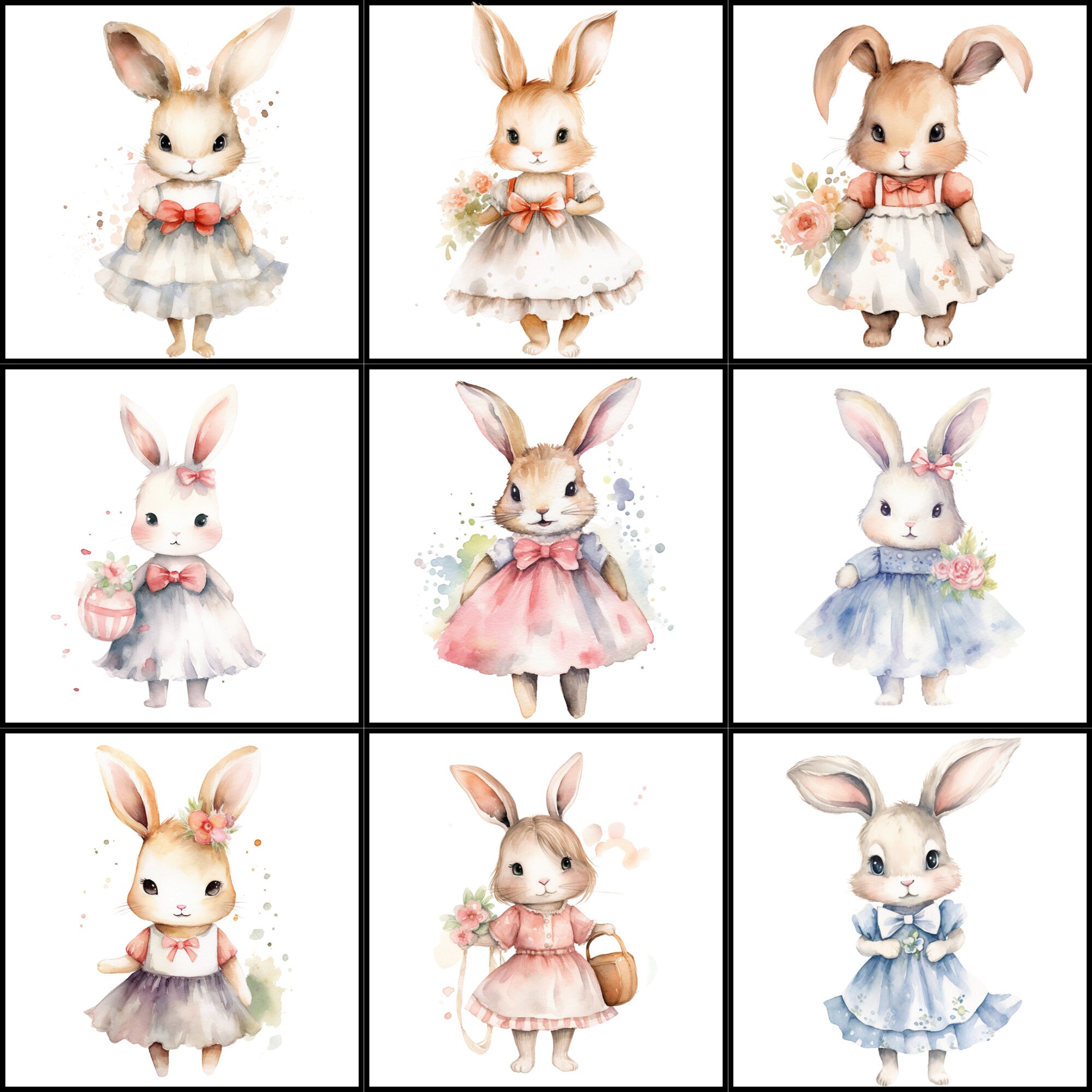 Bunny Clipart Couture Watercolor Collection Adorable Bunnies in Dresses ...
