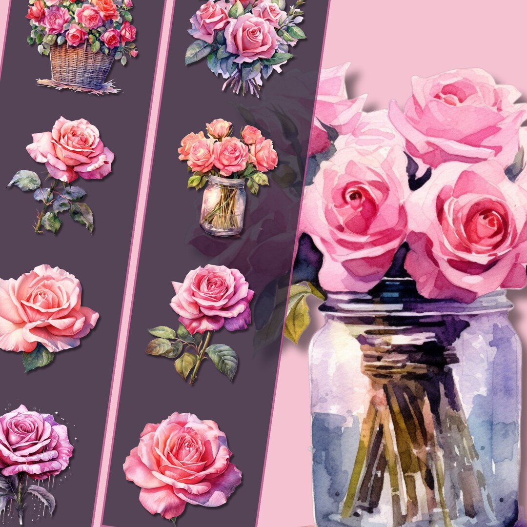 Pink Rose Clipart Set PNG Pink Rose Clipart Instant Download Pink Rose ...