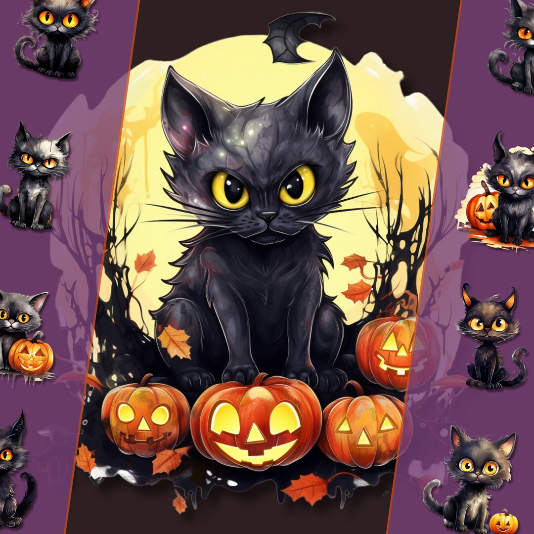 Cute Cartoon Halloween Cat Clipart Bundle, PNG, for Digital Art, Crafts ...