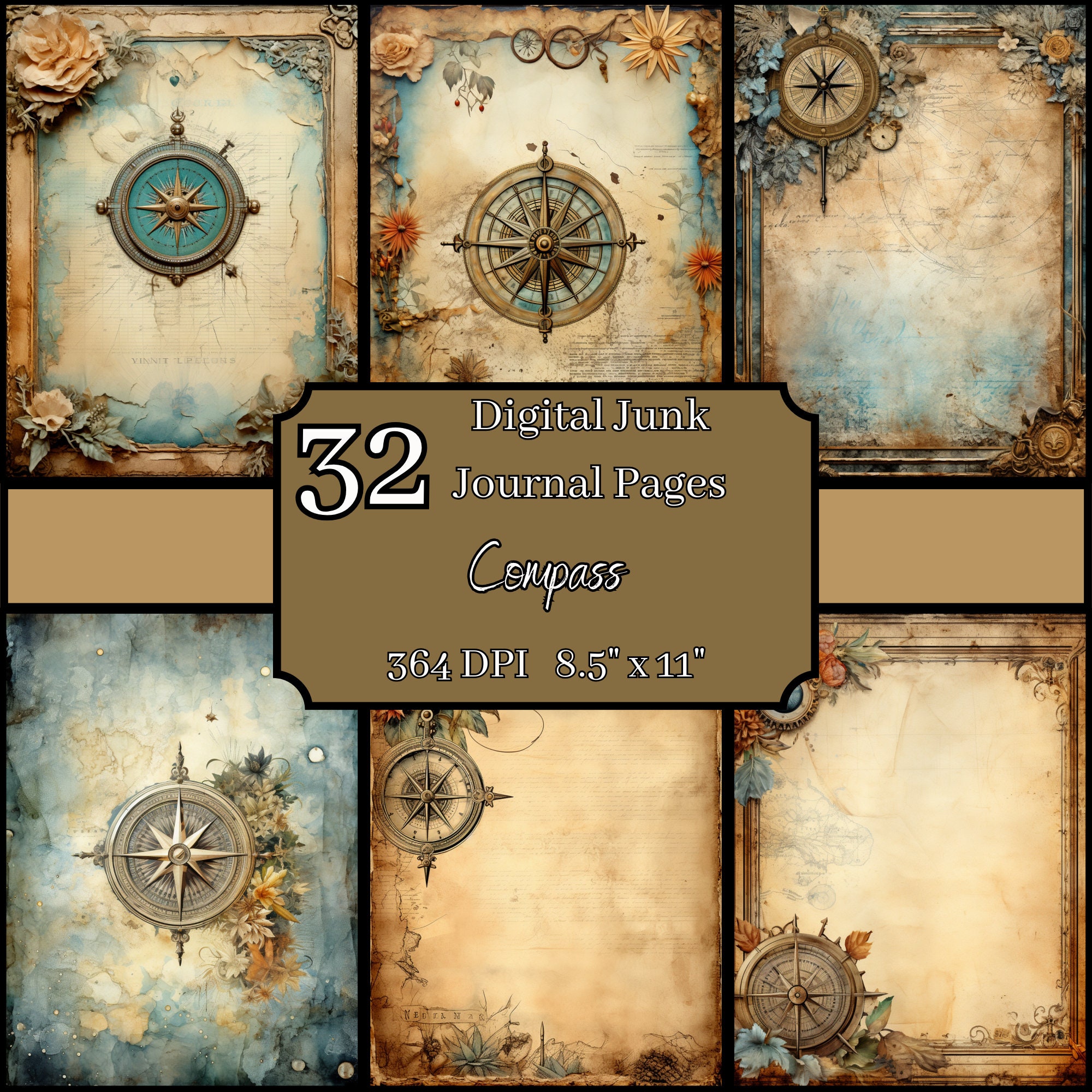 Compass Junk Journal Pages Bundle, 8.5x11, 364 DPI, Commercial ...