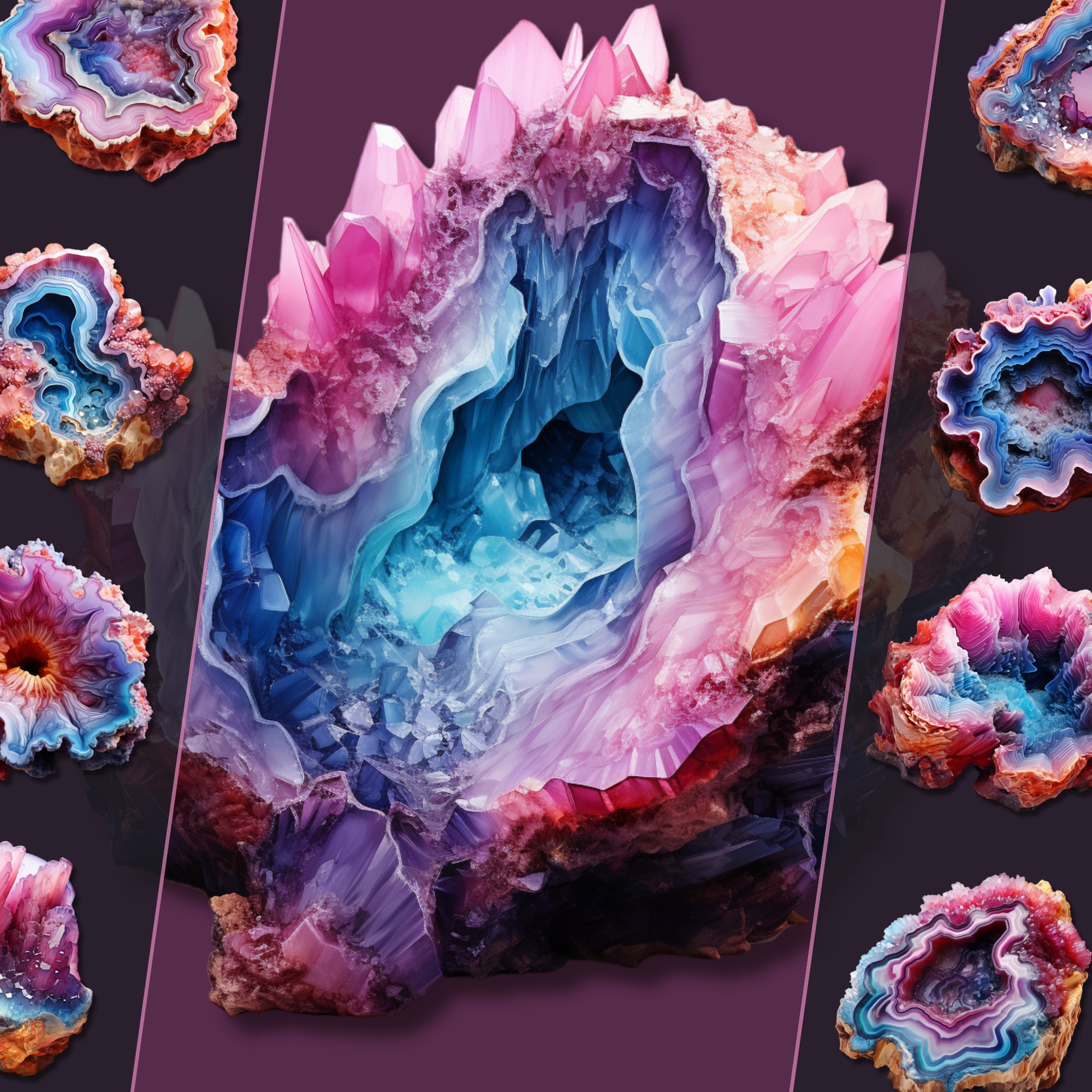 Pink and Blue Geode Clipart Bundle PNG Format Artistic - Etsy