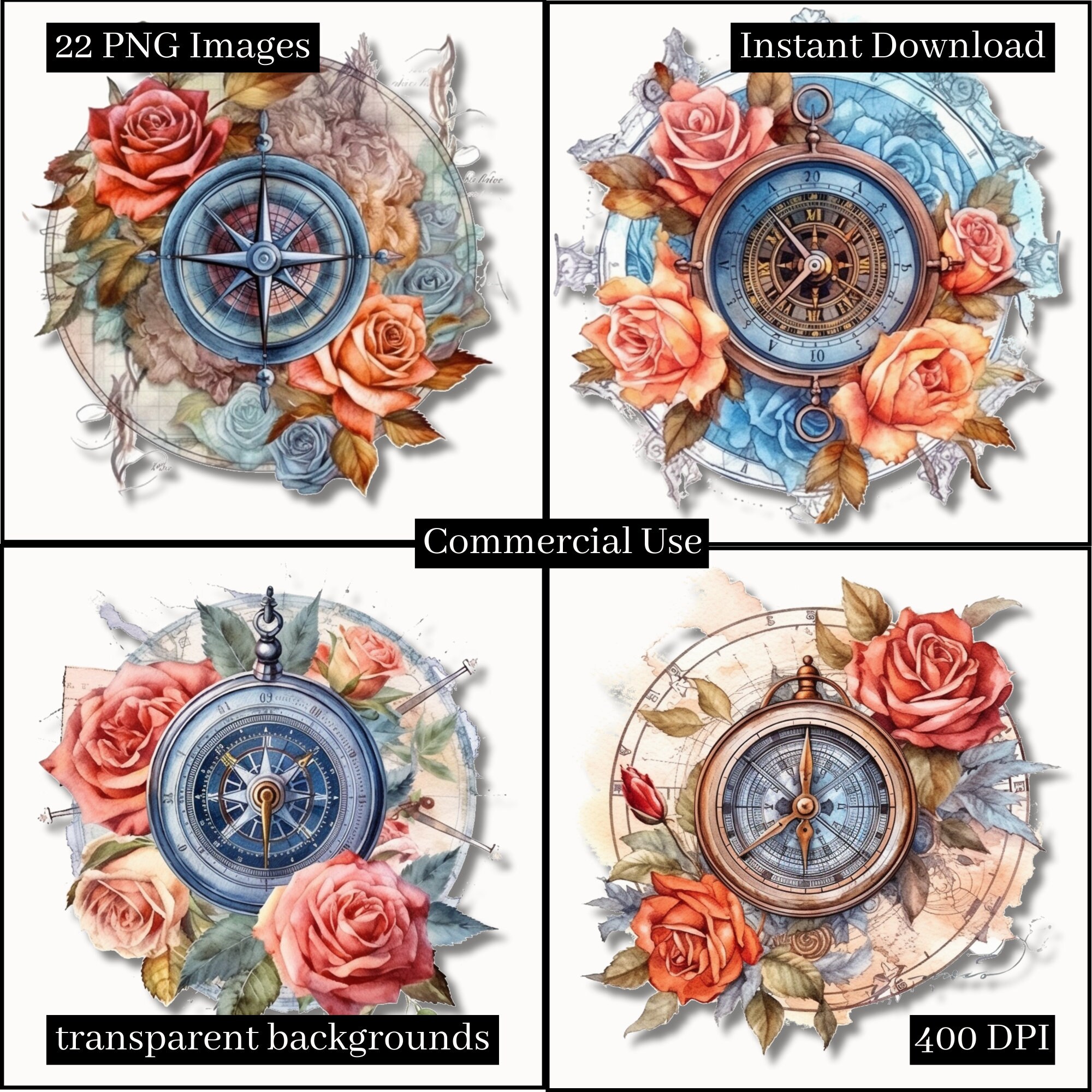 Rose Compass Clipart Bundle High-quality PNG Files - Etsy
