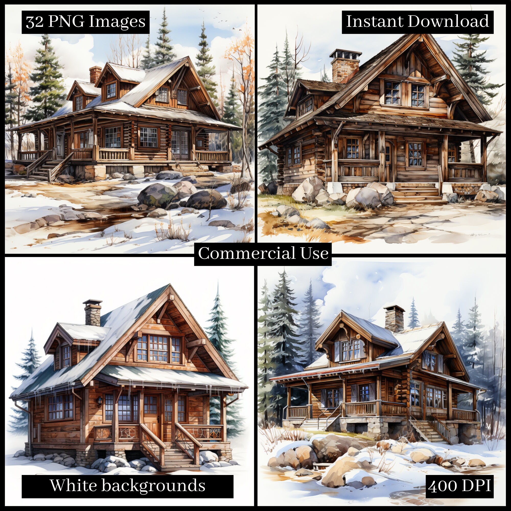 Snowy Log Cabin Clipart Bundle, PNG Files, White Background, Personal ...
