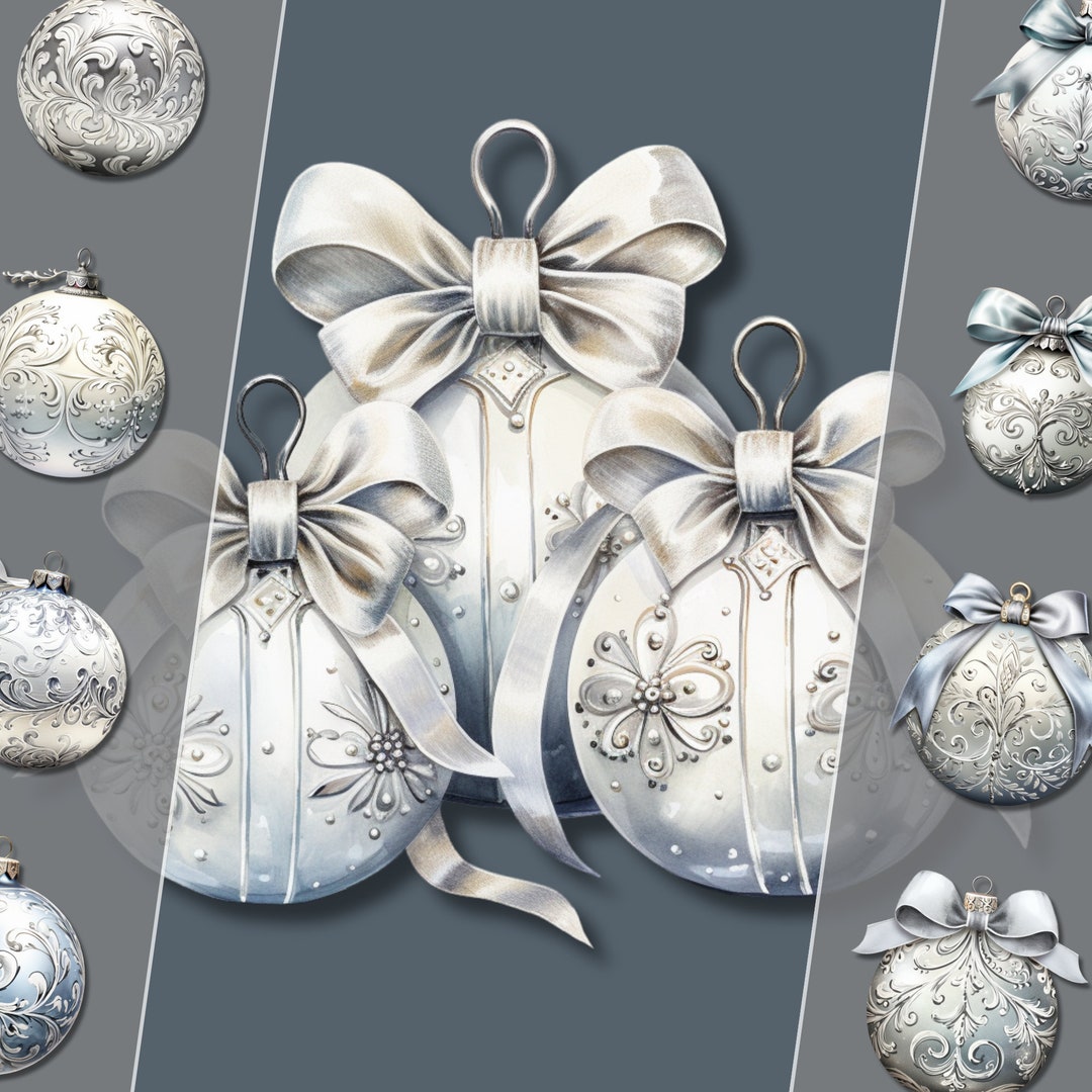 Silver Christmas Ornaments Clipart Bundle, PNG Format, Junk Journals ...