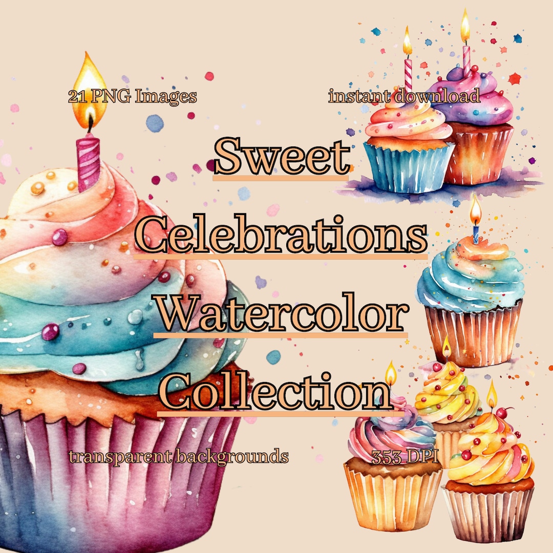 Cupcake Clipart Sweet Celebrations Watercolor Collection Birthday ...