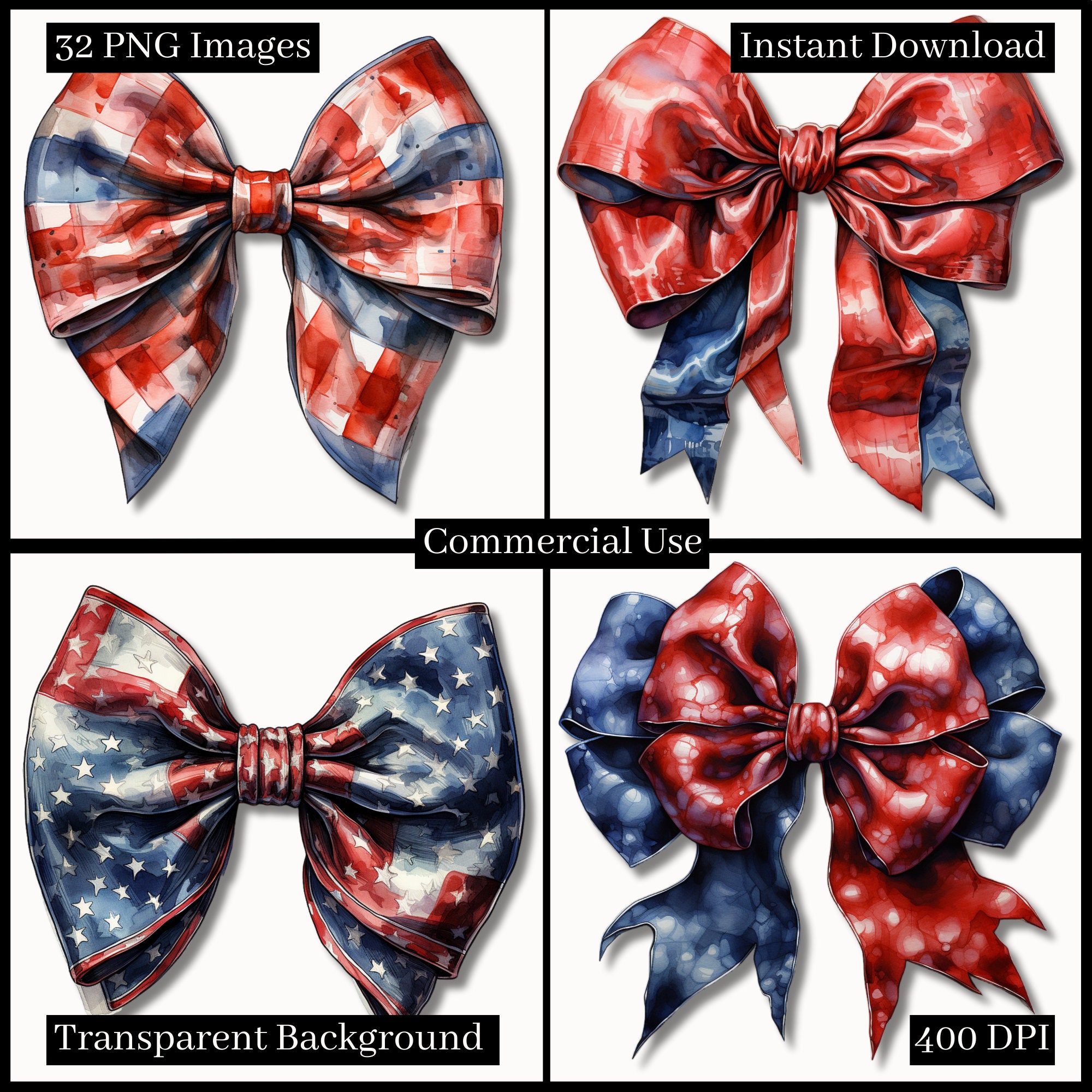 American Flag Bow Clipart Bundle Transparent Background, Patriotic ...