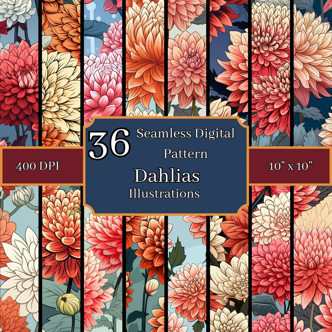 Dahlias Illustrations Seamless Patterns Bundle, High-resolution 400 DPI ...