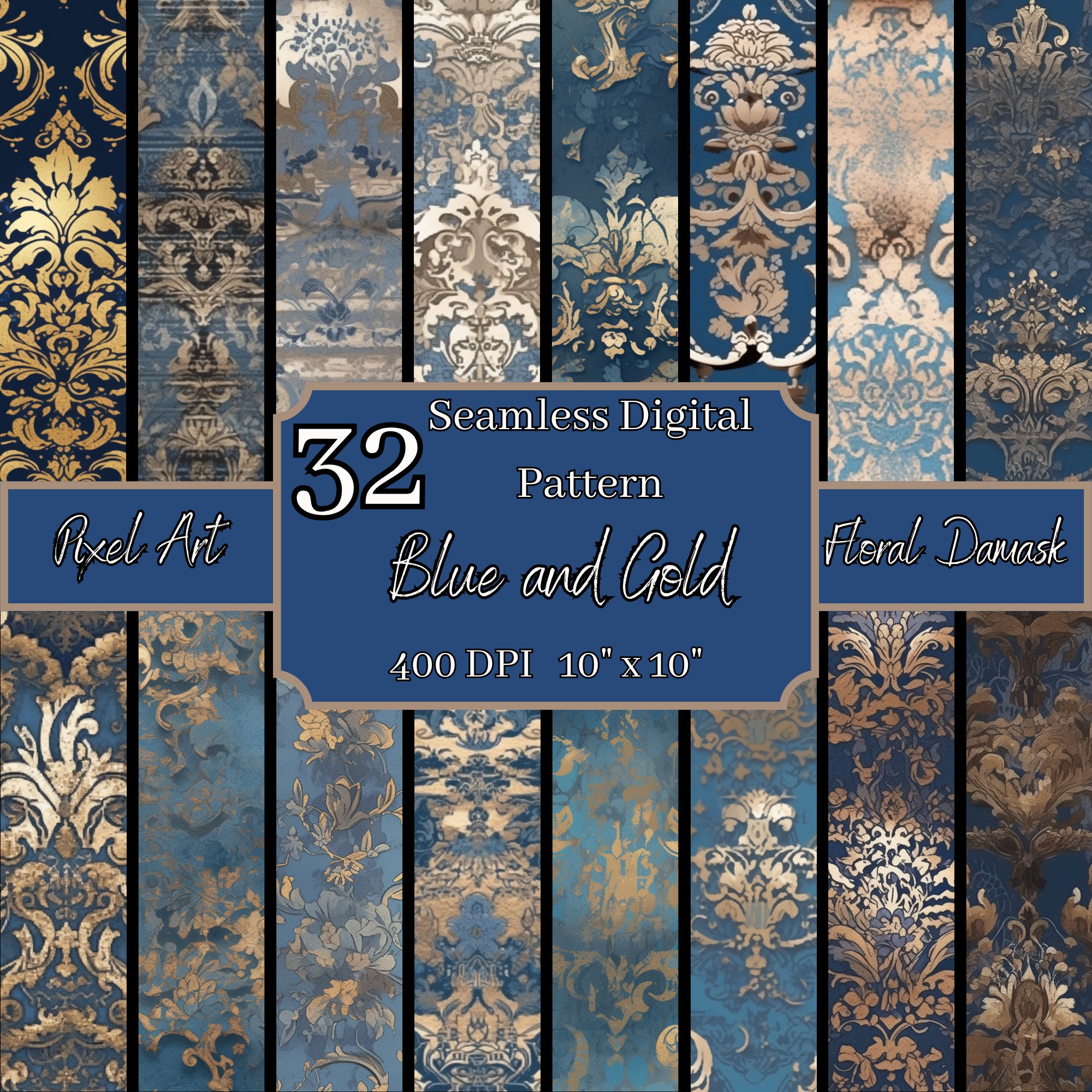 Pixel Art Blue and Gold Floral Damask Seamless Patterns Bundle, High-resolution 400 DPI, 10x10in ...