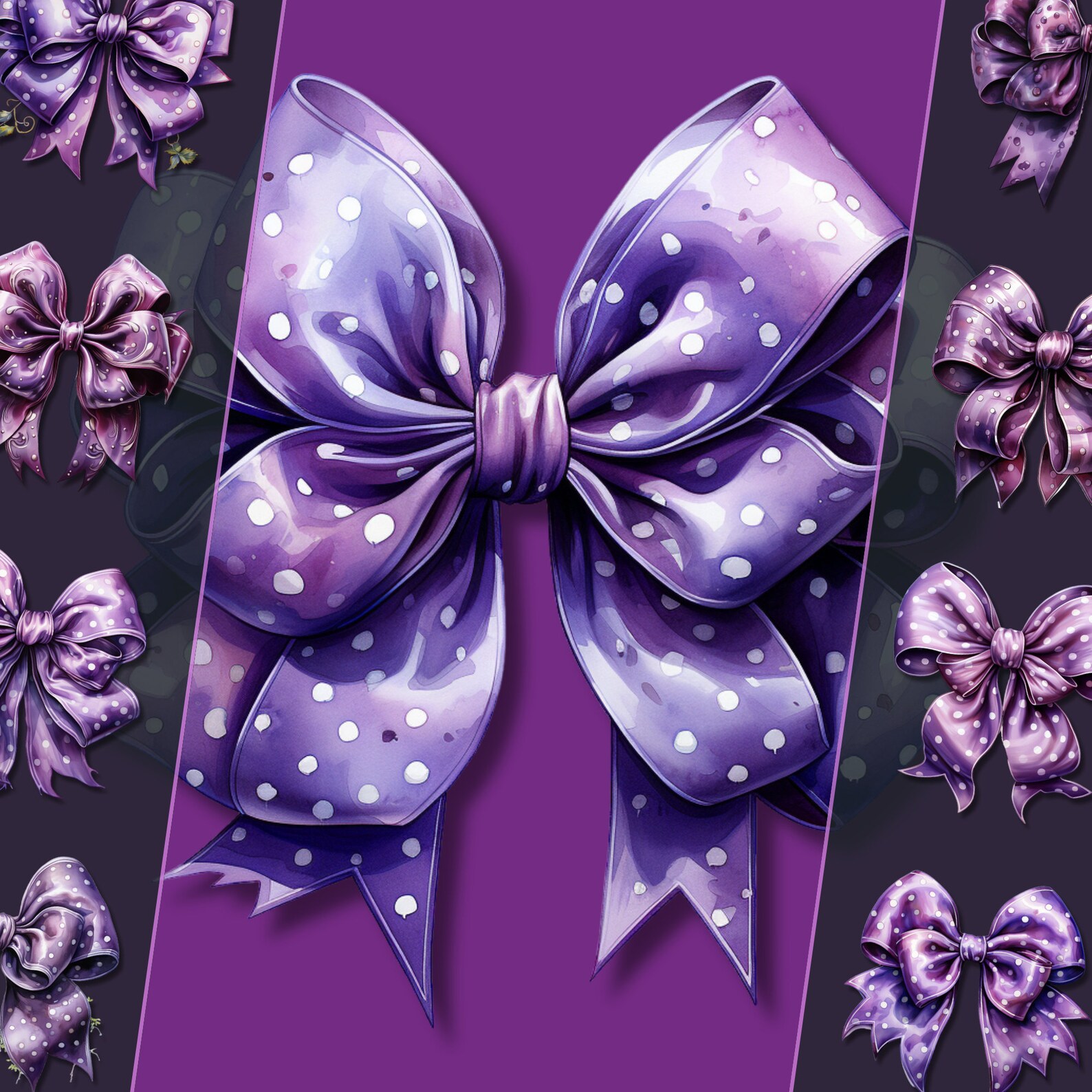 Purple With White Polka Dot Bow PNG Clipart Bundle for Personal ...