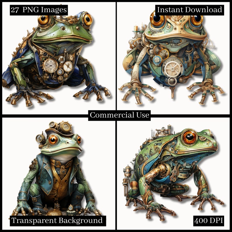 Steampunk Frog Clipart Bundle, PNG Clipart, Mechanical Amphibian Designs, Personal & Commercial ...