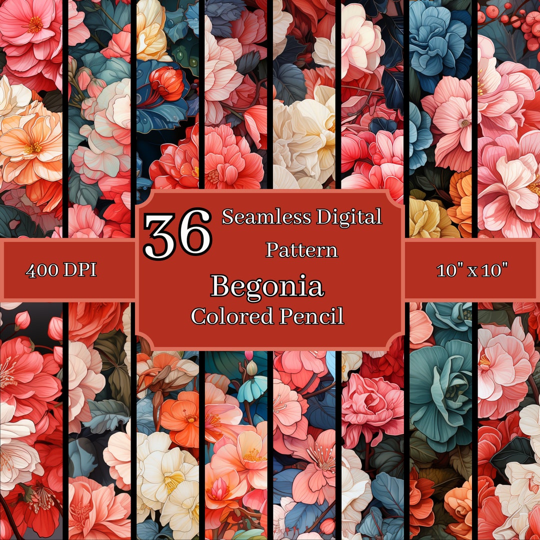 Colored Pencil Begonia Seamless Patterns Bundle, High-resolution 400 ...