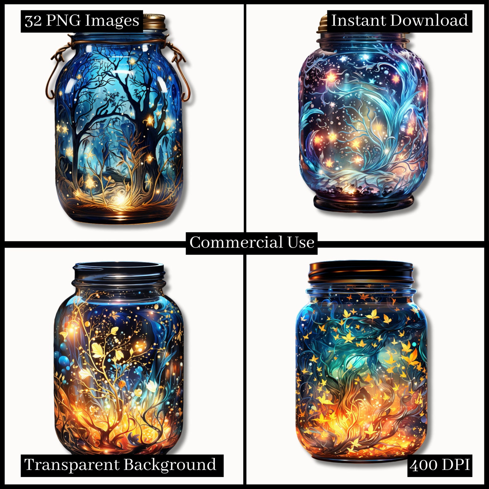 Jar With Fairy Lights Clipart Bundle, PNG Format, for Artistic ...