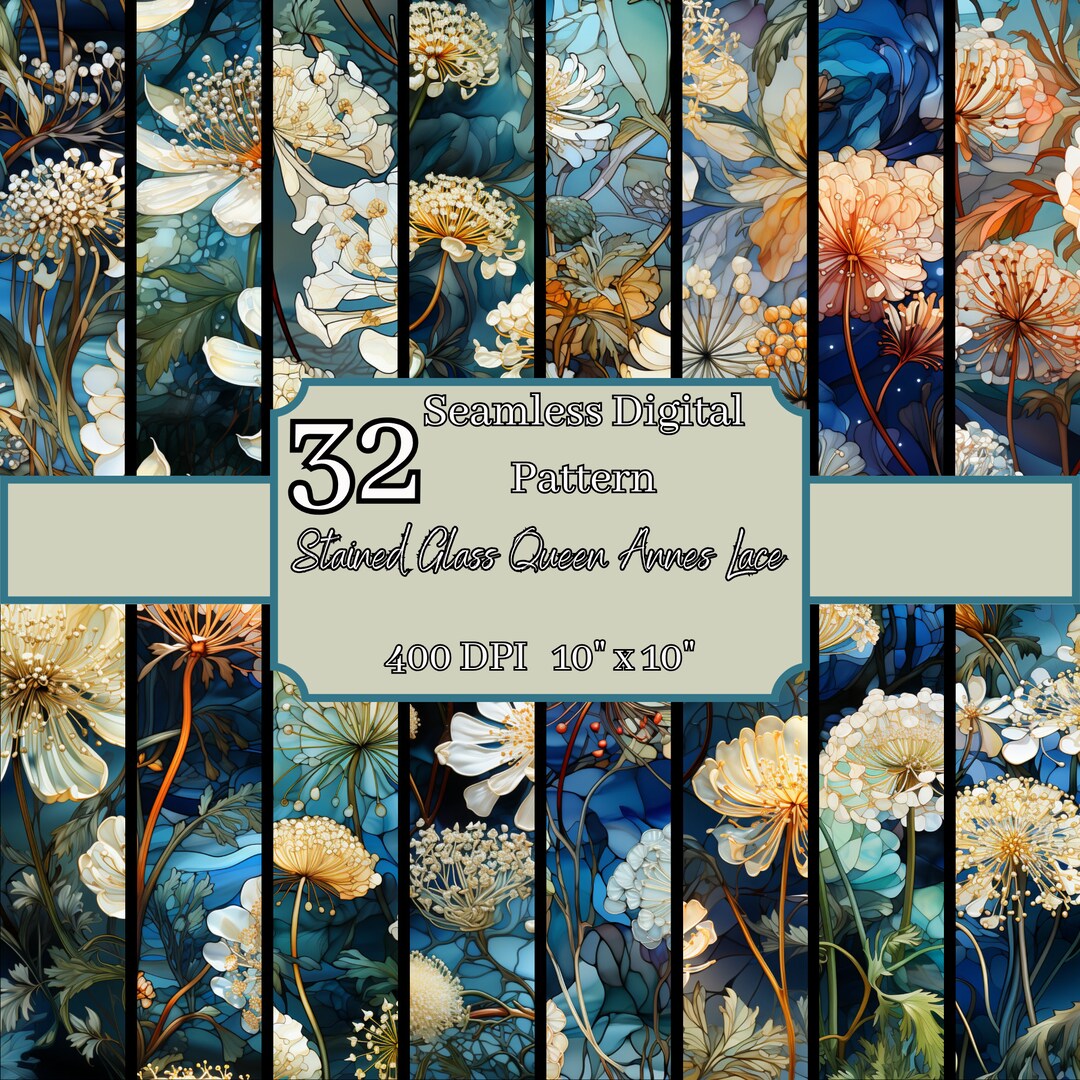 Stained Glass Queen Anne's Lace Seamless Patterns Bundle, High ...