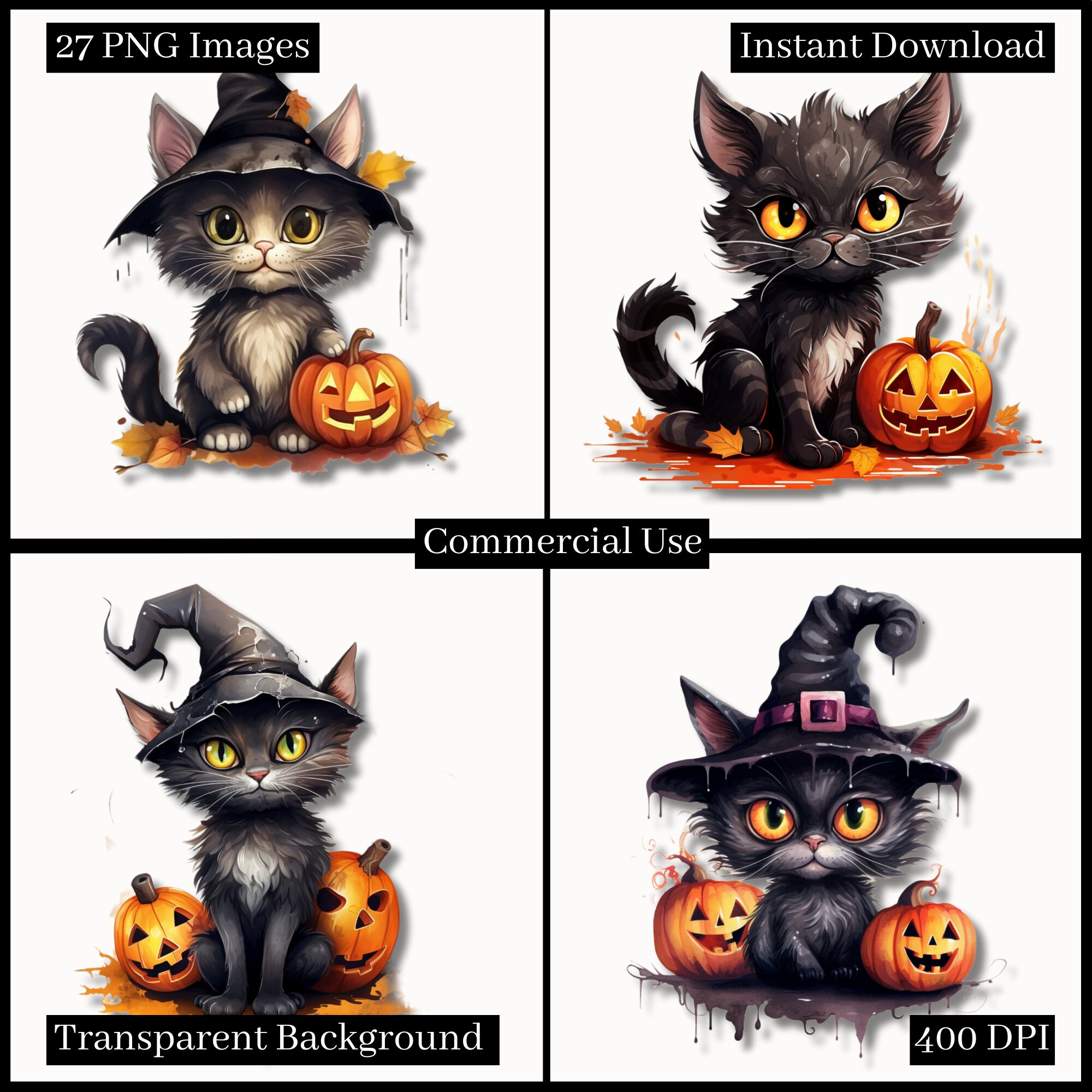 Cute Cartoon Halloween Cat Clipart Bundle PNG for Digital - Etsy