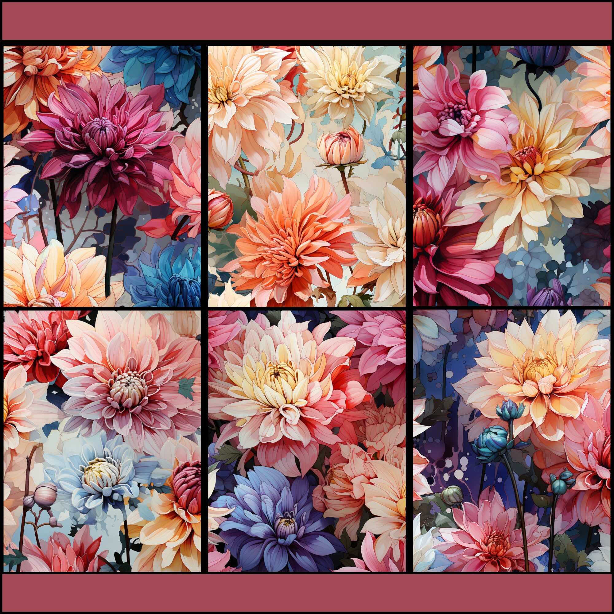Beautiful Dahlias Seamless Patterns Bundle, Colorful 400 DPI, 10x10 ...