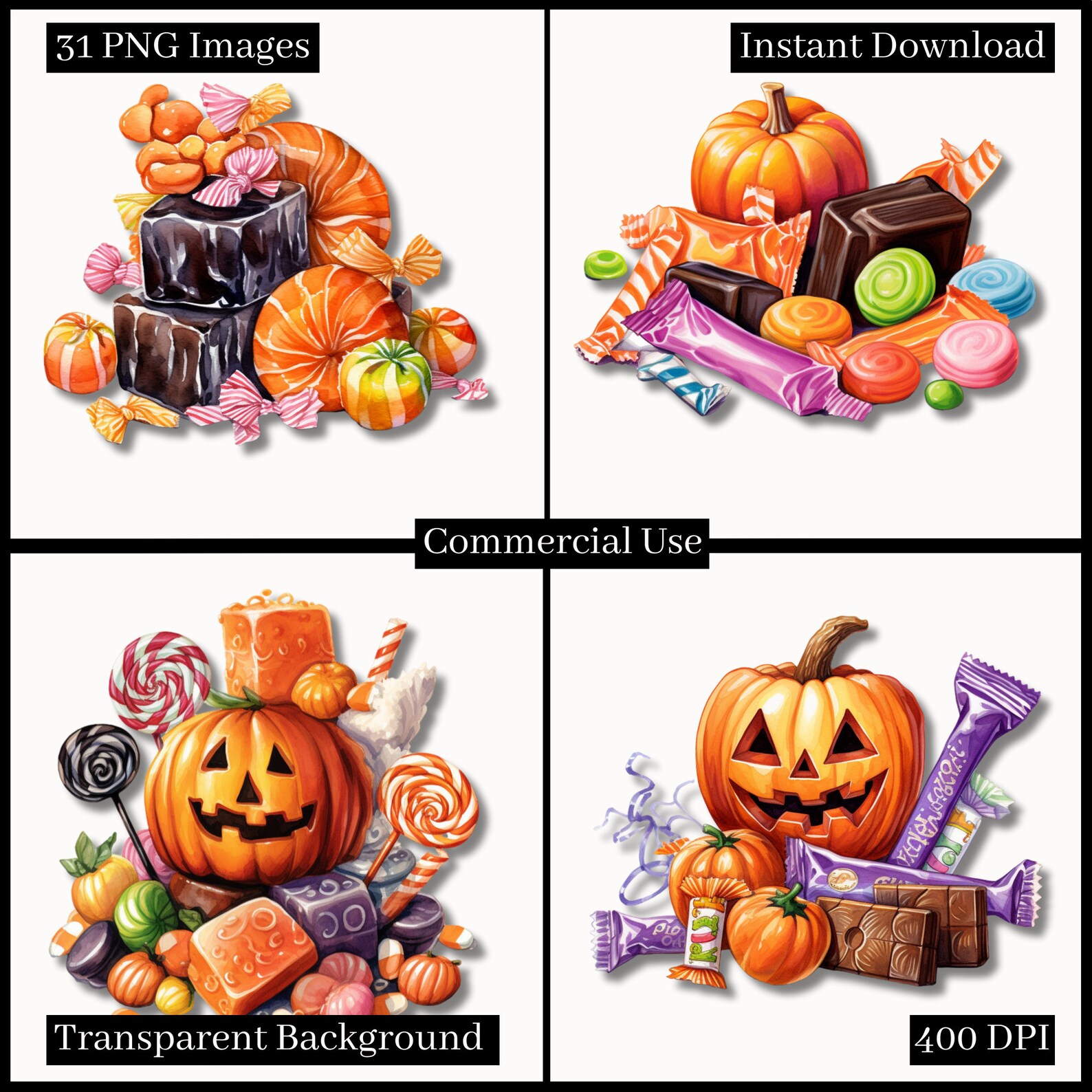 Cute Cartoon Halloween Candy Clipart Bundle, PNG, for Digital Art ...