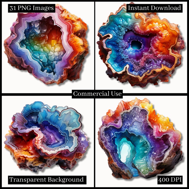 Rainbow Geode Clipart Bundle, PNG, Ideal for Digital Art, Junk Journal ...