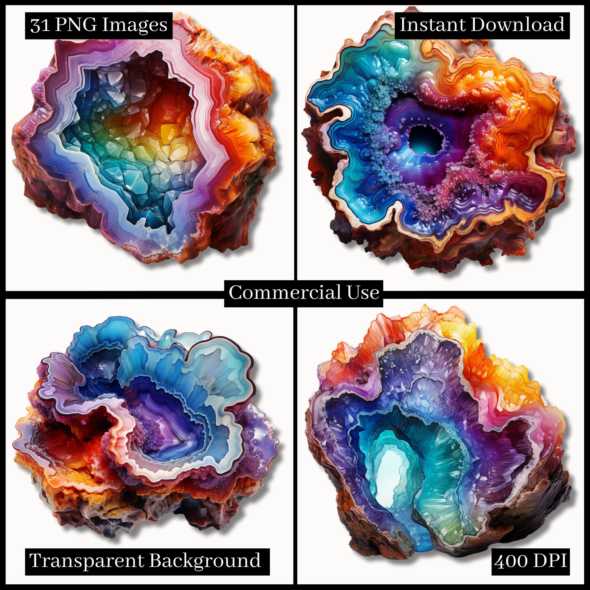 Rainbow Geode Clipart Bundle, PNG, Ideal for Digital Art, Junk Journal ...