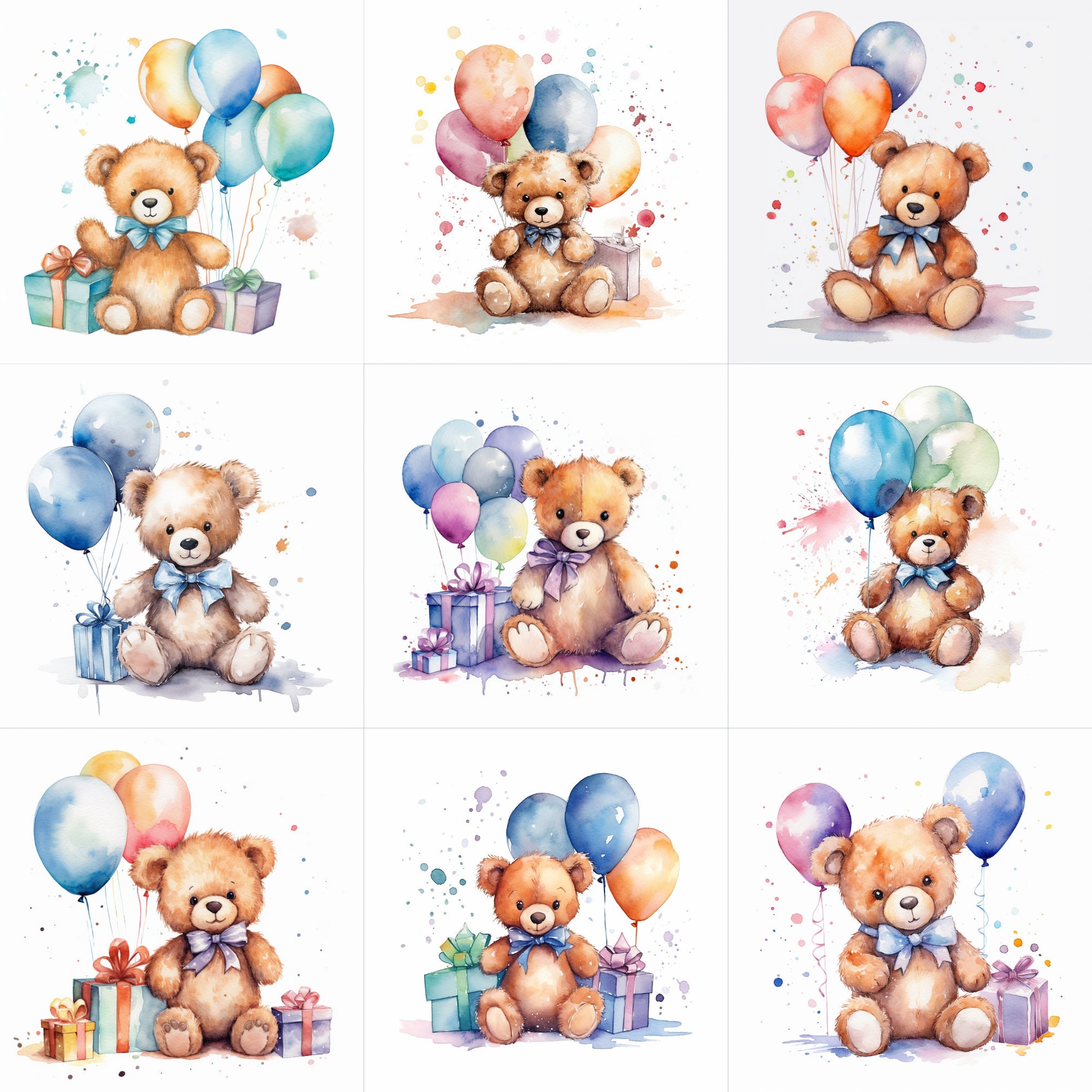 Teddy Bear Birthday Clipart Instant Download PNG Format Watercolor ...