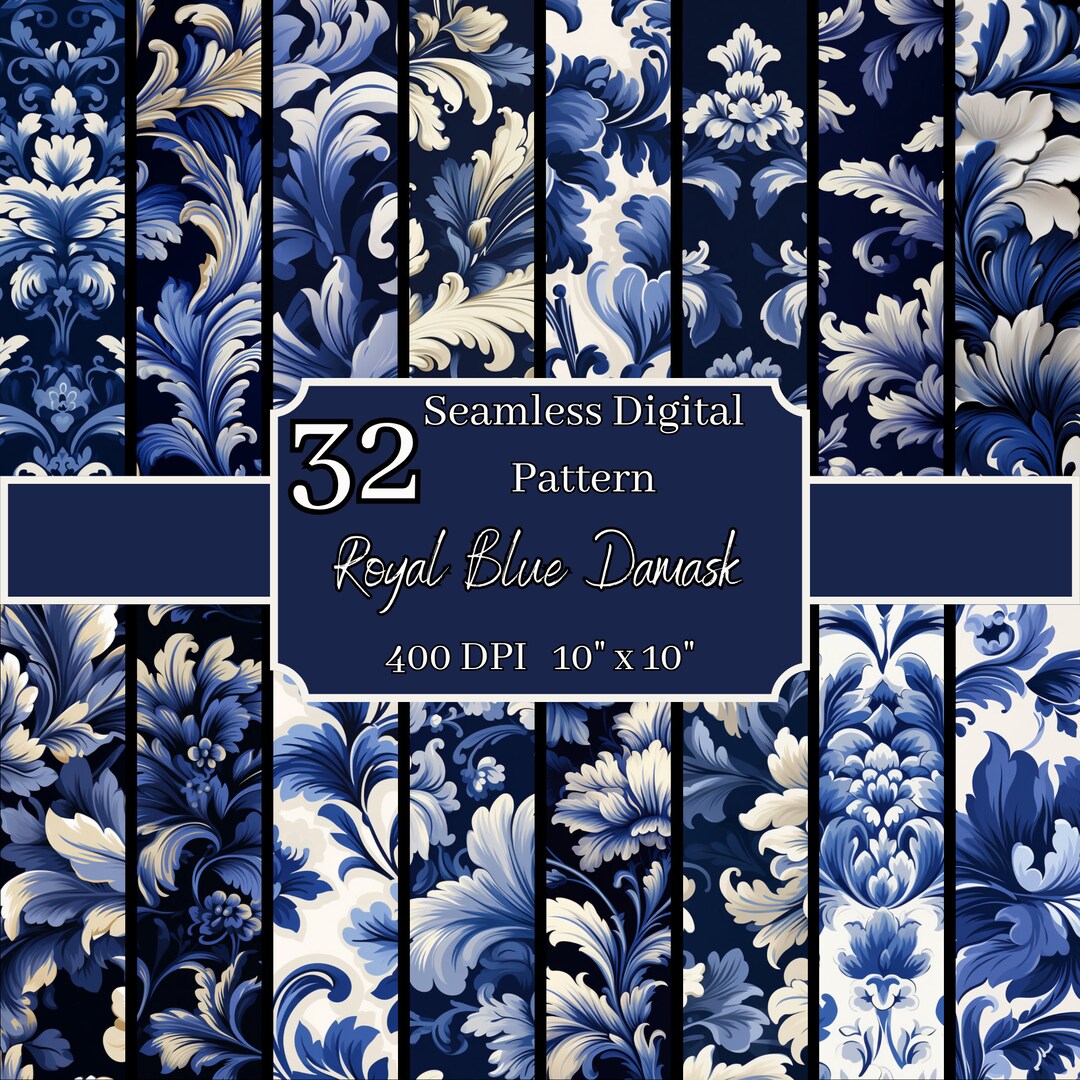 Royal Blue Damask Seamless Patterns Bundle, High-resolution 400 DPI ...