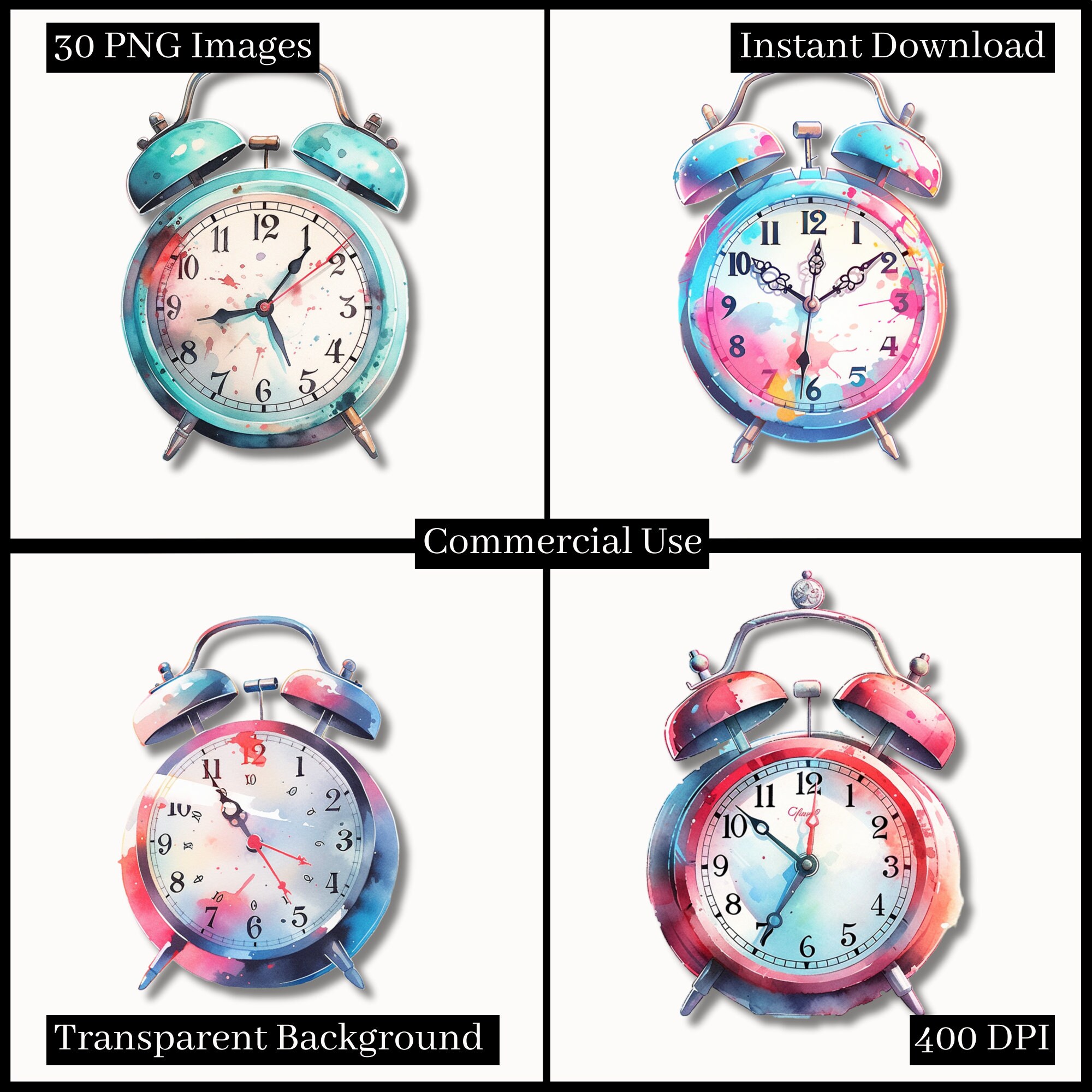 Retro Alarm Clock Clipart Bundle, PNG, Ideal for Digital Art, Junk ...