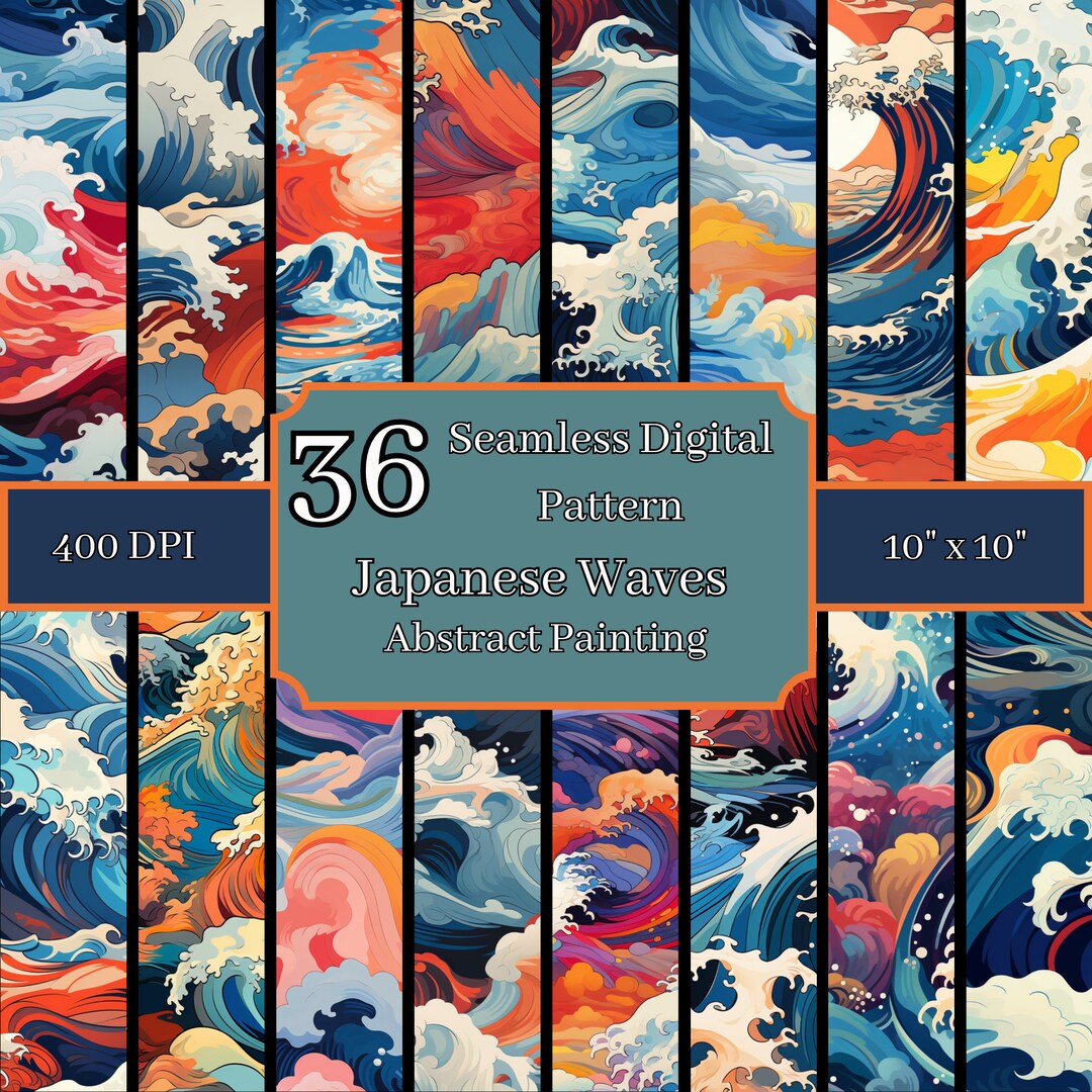 Japanese Waves Abstract Painting Seamless Patterns Bundle, High ...