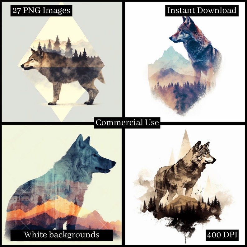 Double Exposure Wolf Clipart Bundle High-resolution PNG - Etsy
