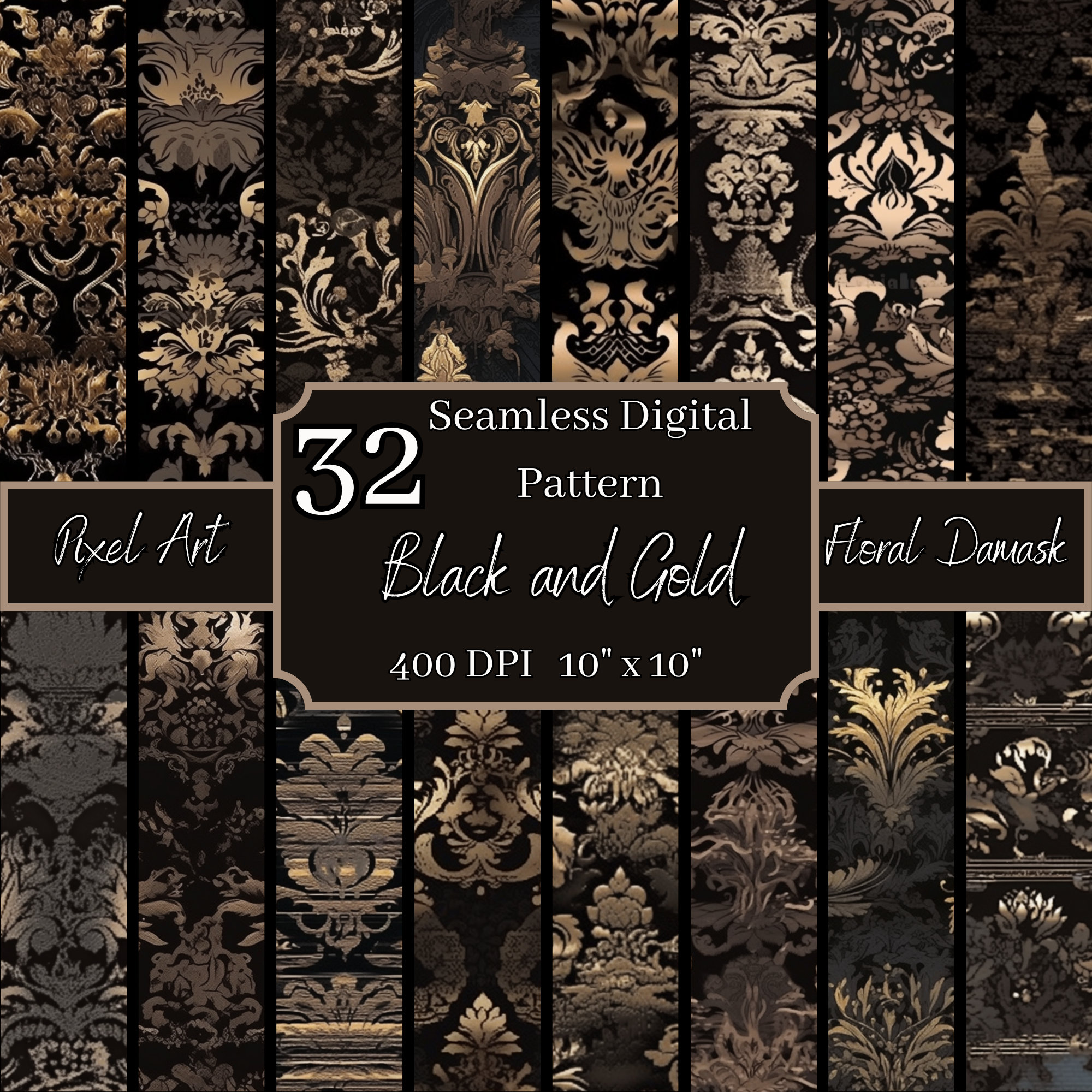 Pixel Art Black and Gold Floral Damask Seamless Patterns Bundle, High-resolution 400 DPI, 10x10 ...