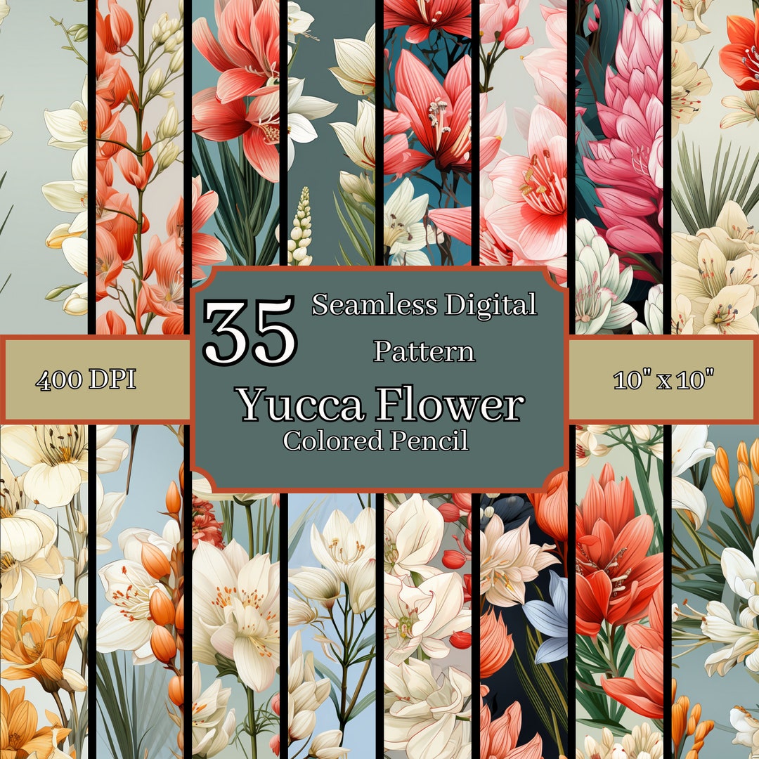 Colored Pencil Yucca Flower Seamless Patterns Bundle, High-resolution ...