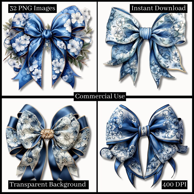 Blue and White Bow Clipart Bundle, Elegant Bow Designs in PNG Format ...