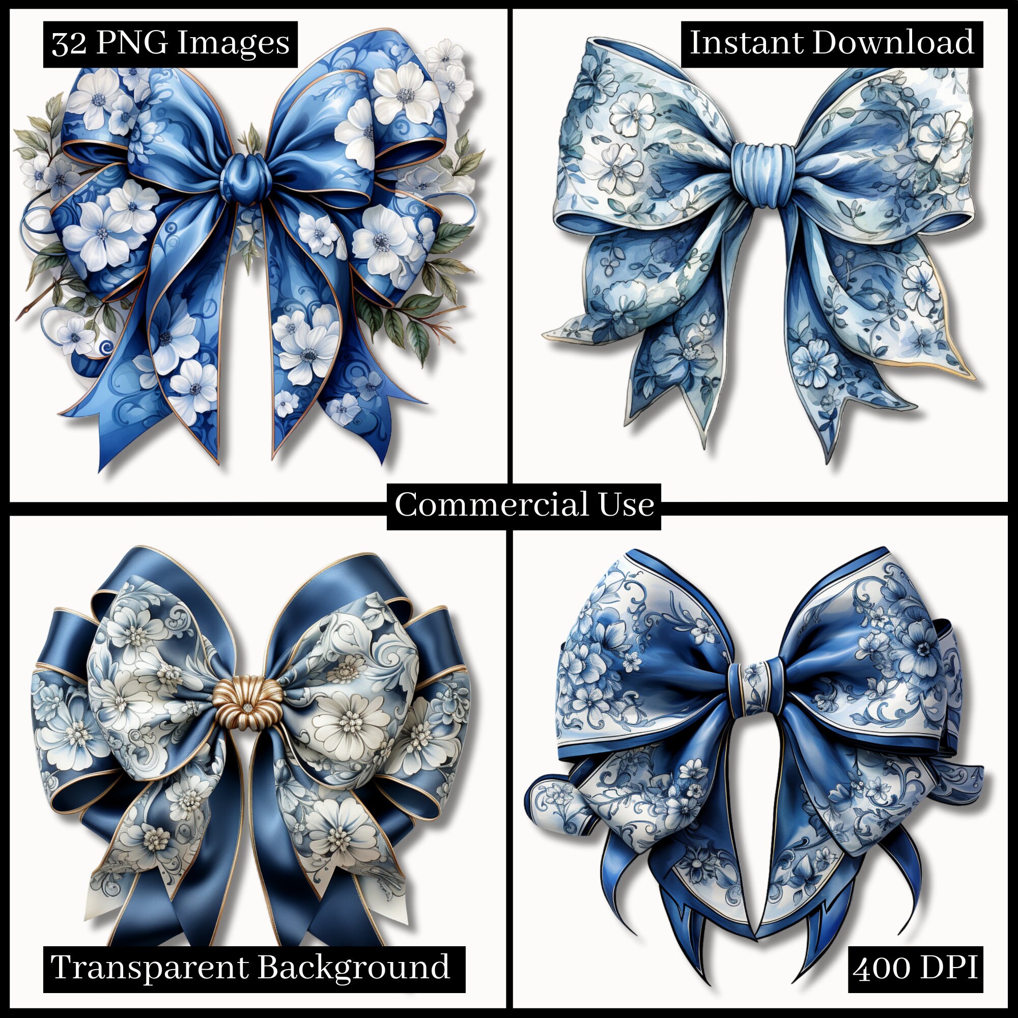 Blue and White Bow Clipart Bundle, Elegant Bow Designs in PNG Format ...