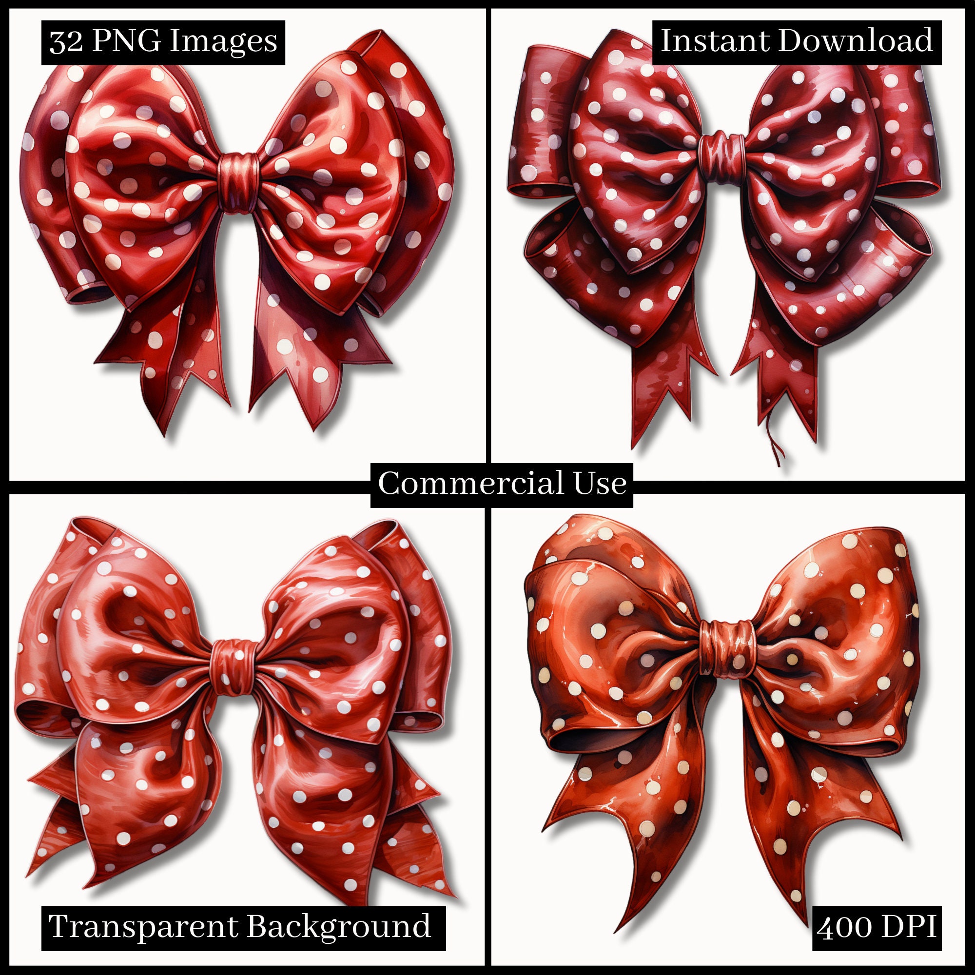 Red With White Polka Dot Bow PNG Clipart Bundle for Personal ...