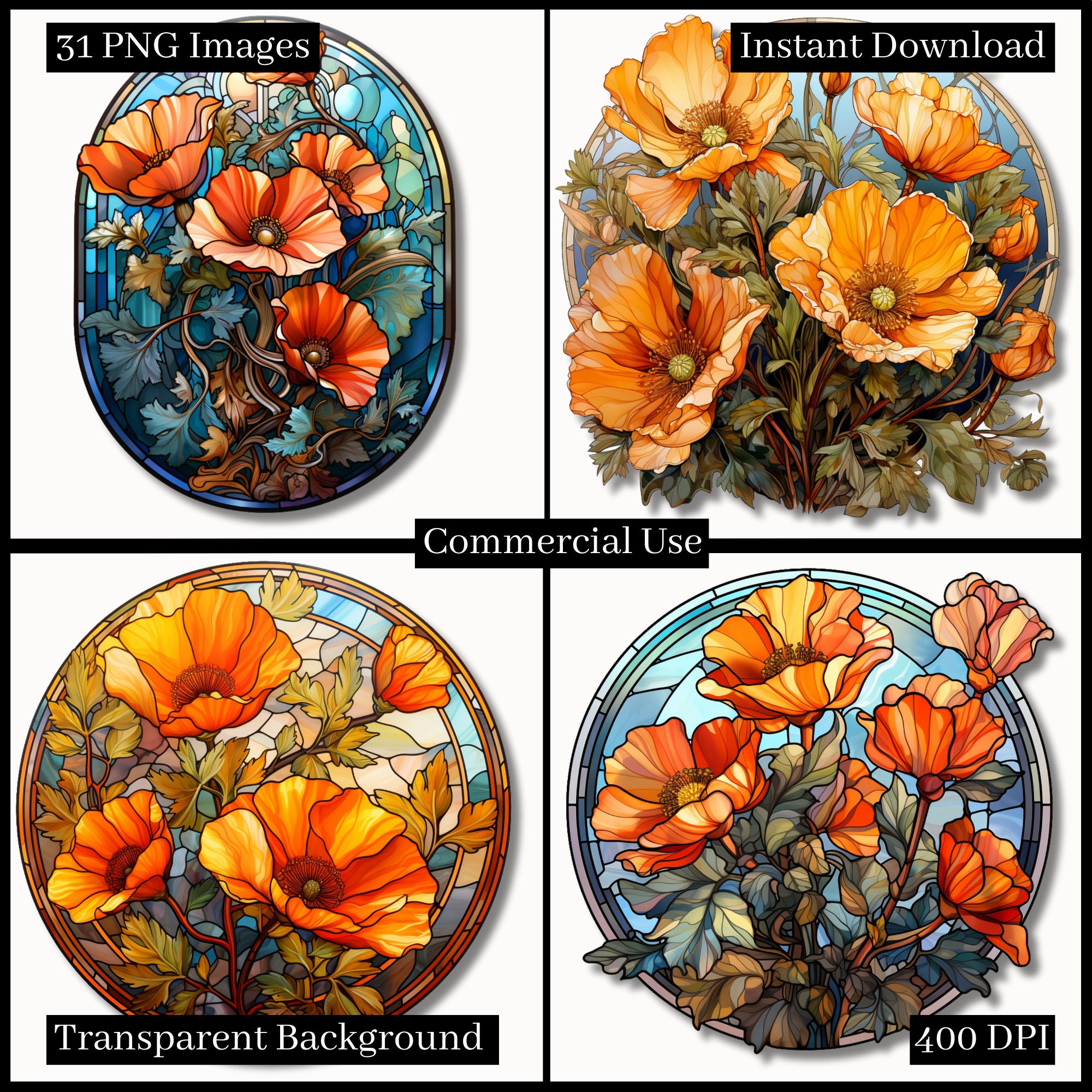 Stained Glass California Poppy Clipart Bundle Floral Illustrations, PNG ...