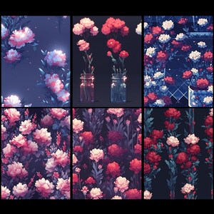 Carnations Pixel Art Inspired Floral Seamless Patterns Bundle, 400 DPI, 10x10 Inch Digital ...