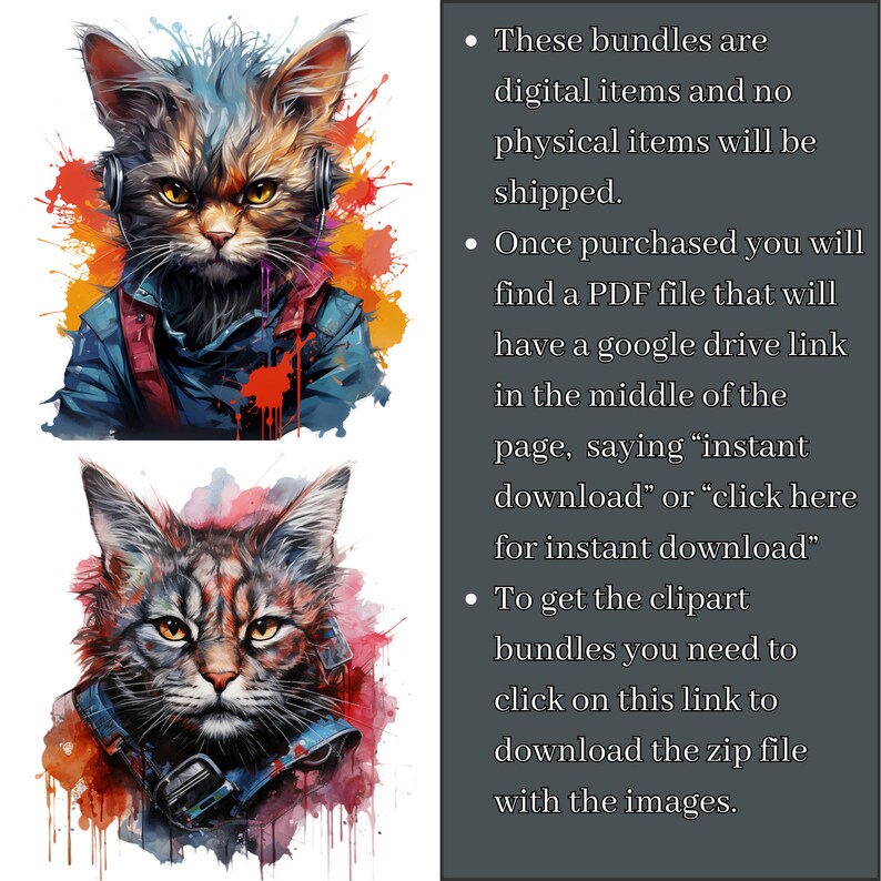 Punk Rock Cat Clipart Bundle, PNG, Ideal for Digital Art, Junk Journal ...