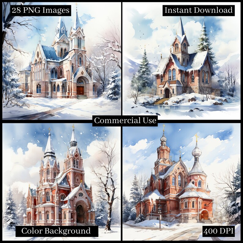 Snowy Church Clipart Bundle Enchanting Winter Illustrations - Etsy