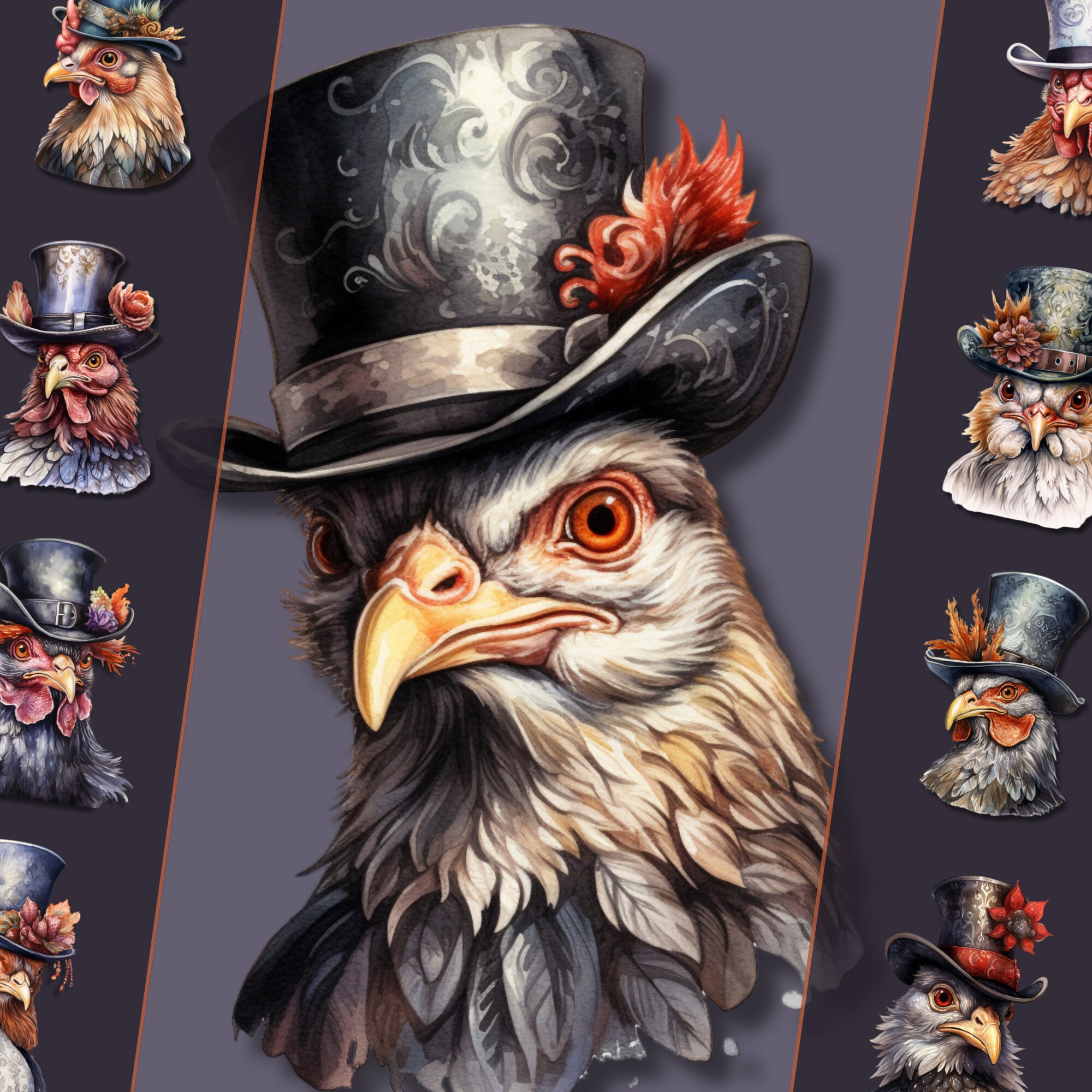 Chicken in Tophat Clipart Bundle, PNG Format, Artistic Creations, Junk ...