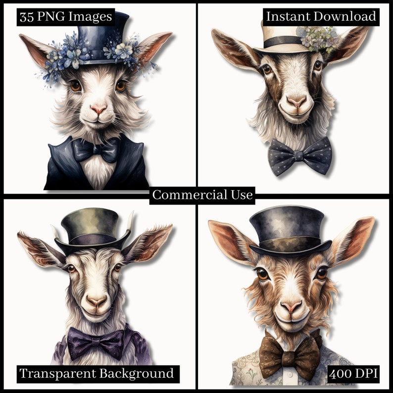 Top Hat Goat Clipart Bundle PNG Format for Junk Journals and - Etsy