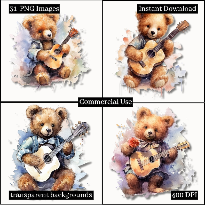 Teddy Bear Clipart Playing Musical Instruments Clipart Cute - Etsy