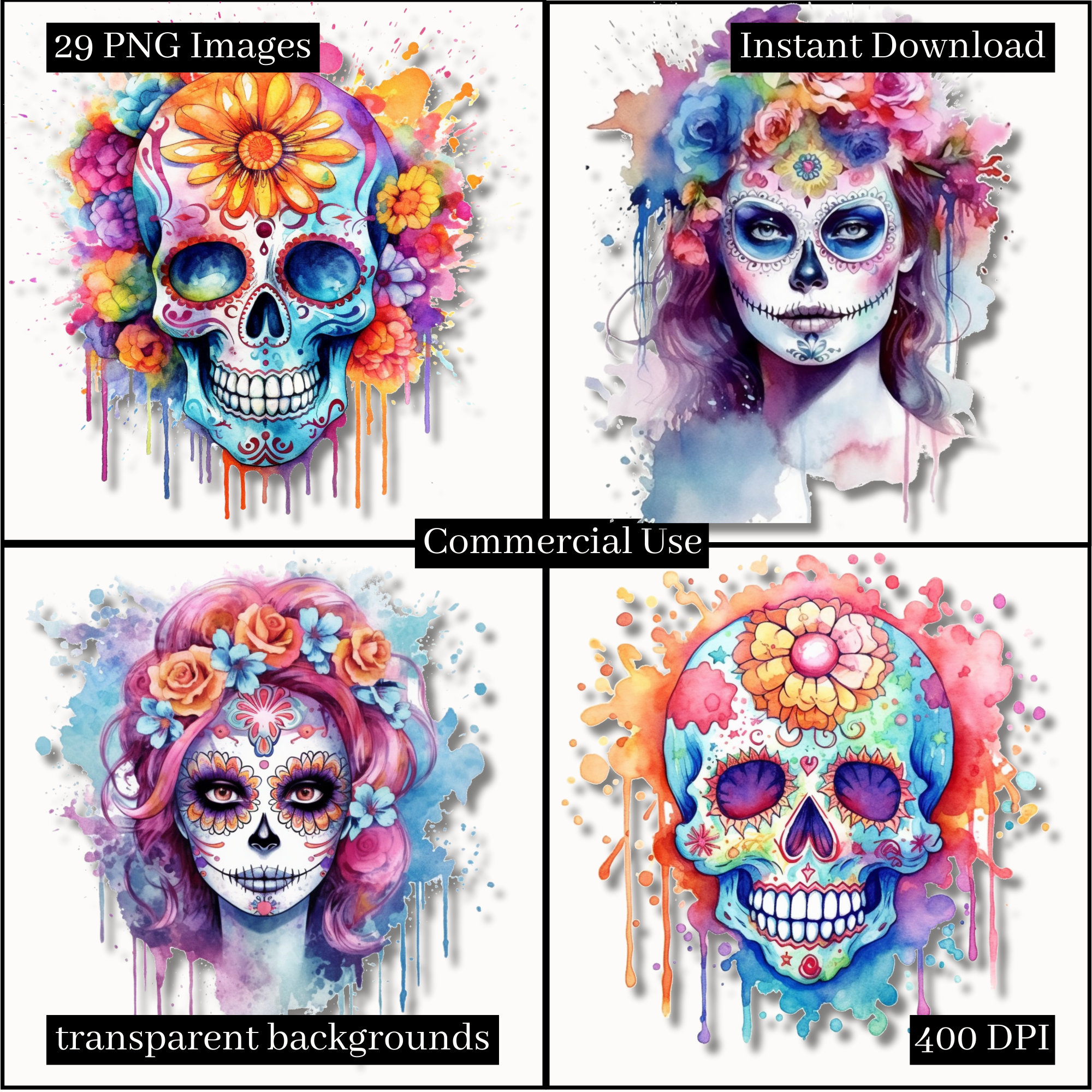 Sugar Skulls Clipart Bundle High-resolution PNG Files, Instant Download ...