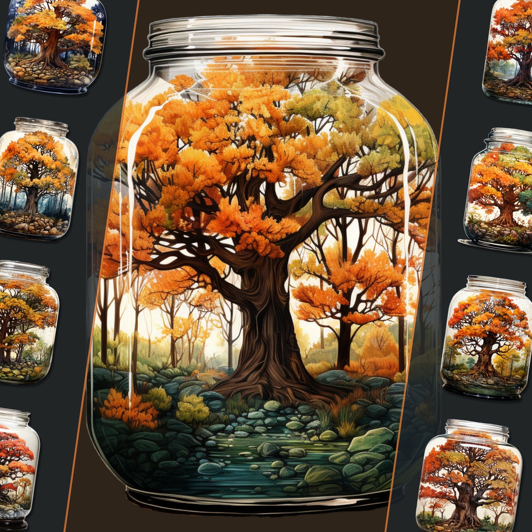 Fall Tree in a Jar Clipart Bundle, PNG, for Digital Art, Junk Journal ...
